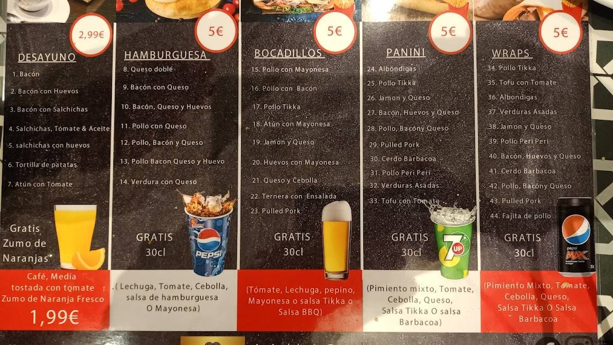 Carta del restaurante EL Antojo, Granada