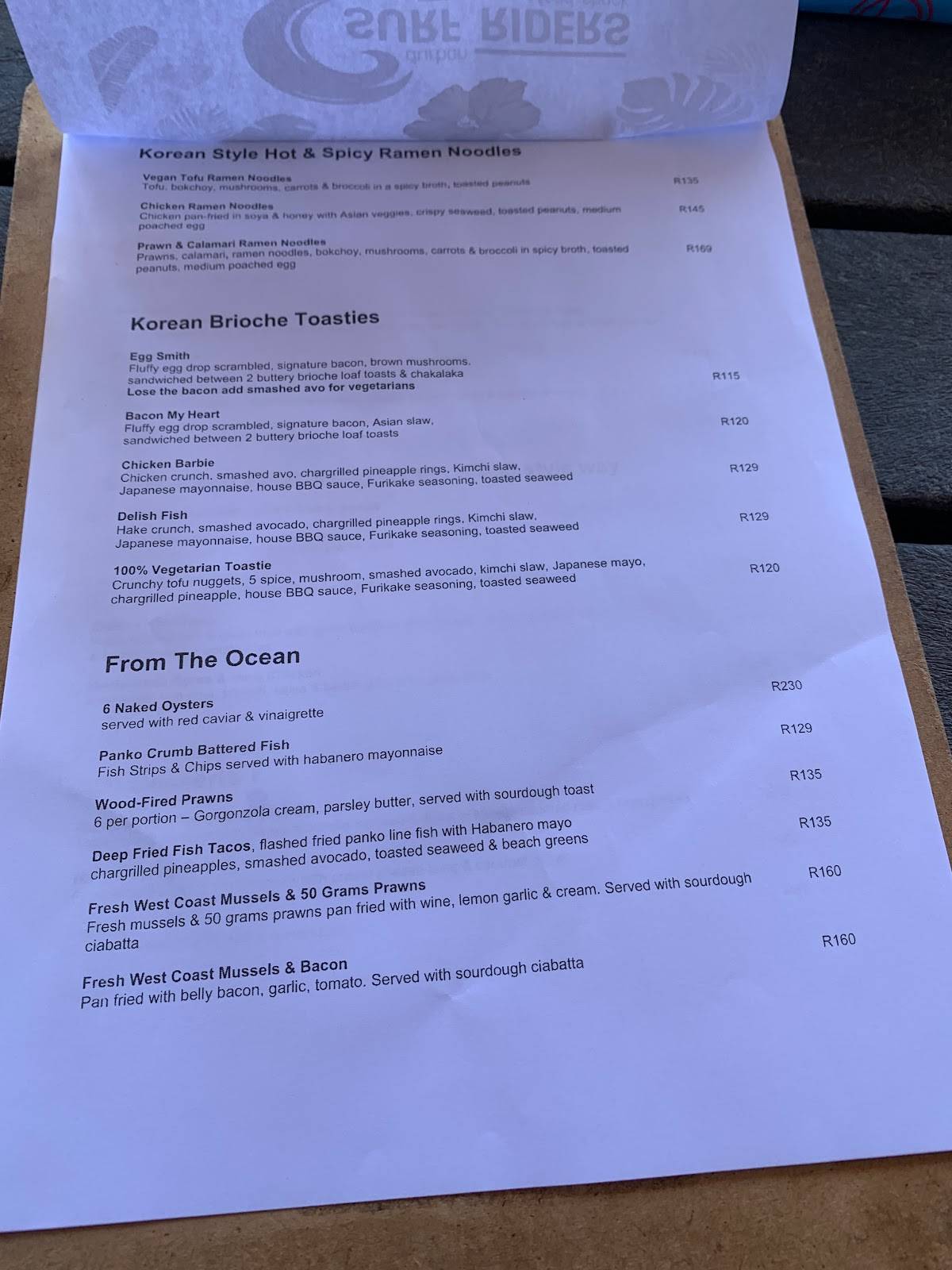 Menu at SURF RIDERS SOUTH BEACH @ BEACHFRONT restaurant, Durban