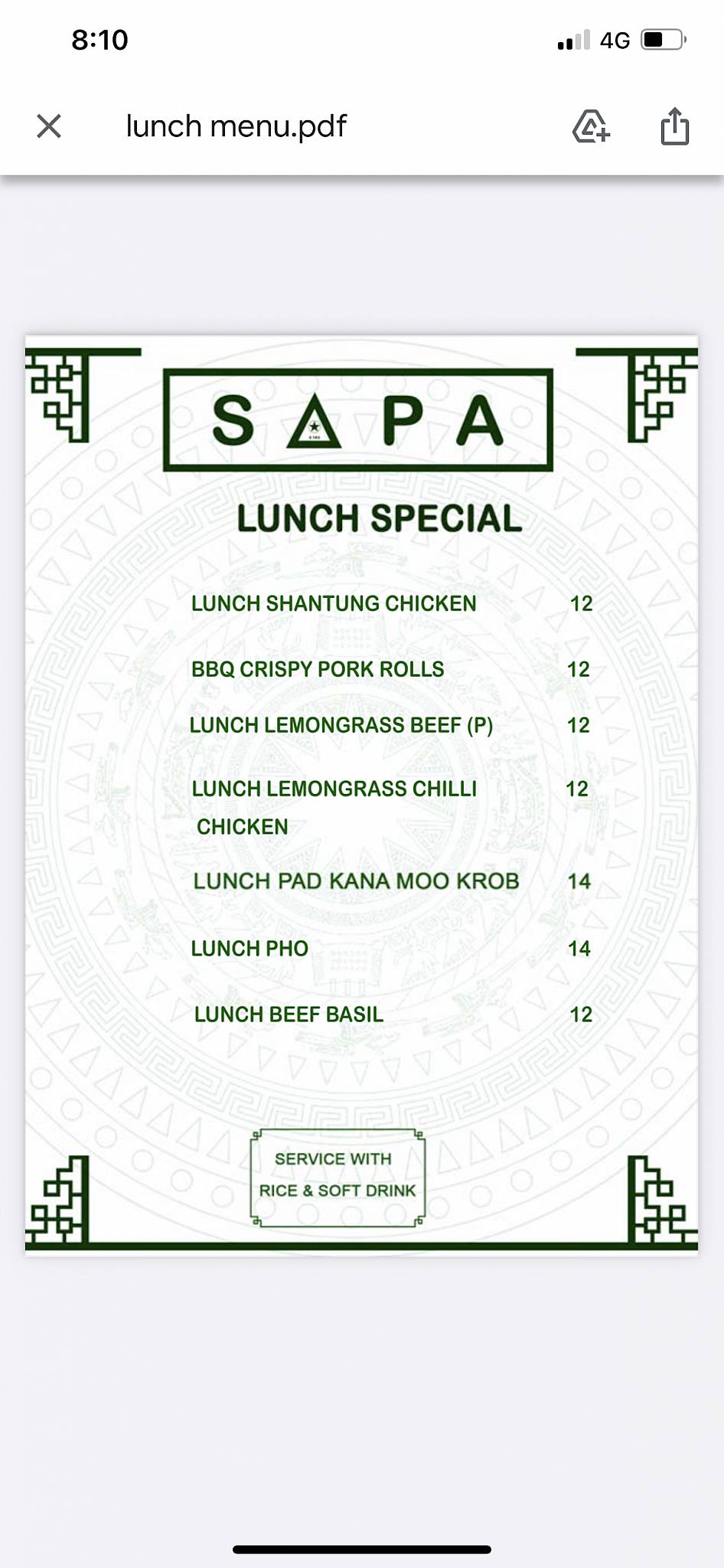Menu at SaPa Asian fusion restaurant, Mawson