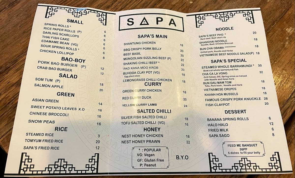 Menu at SaPa Asian fusion restaurant, Mawson