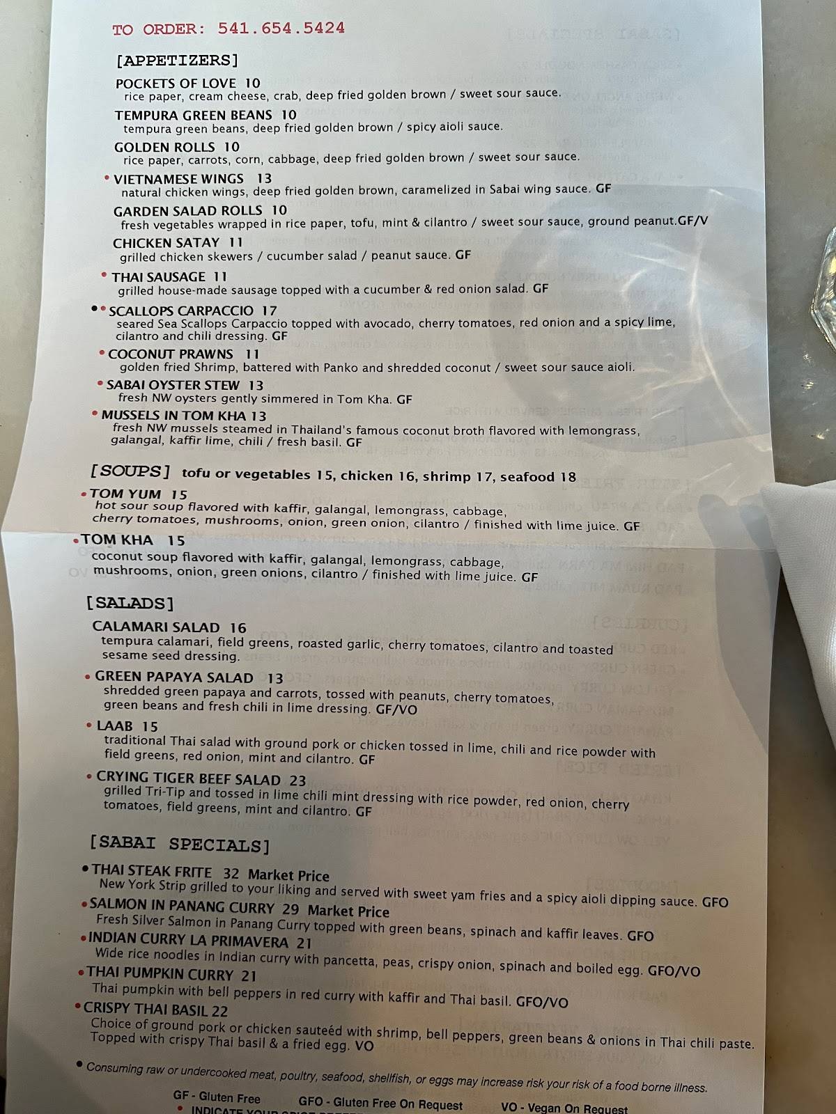 Menu at Sabai Cafe & Bar, Eugene