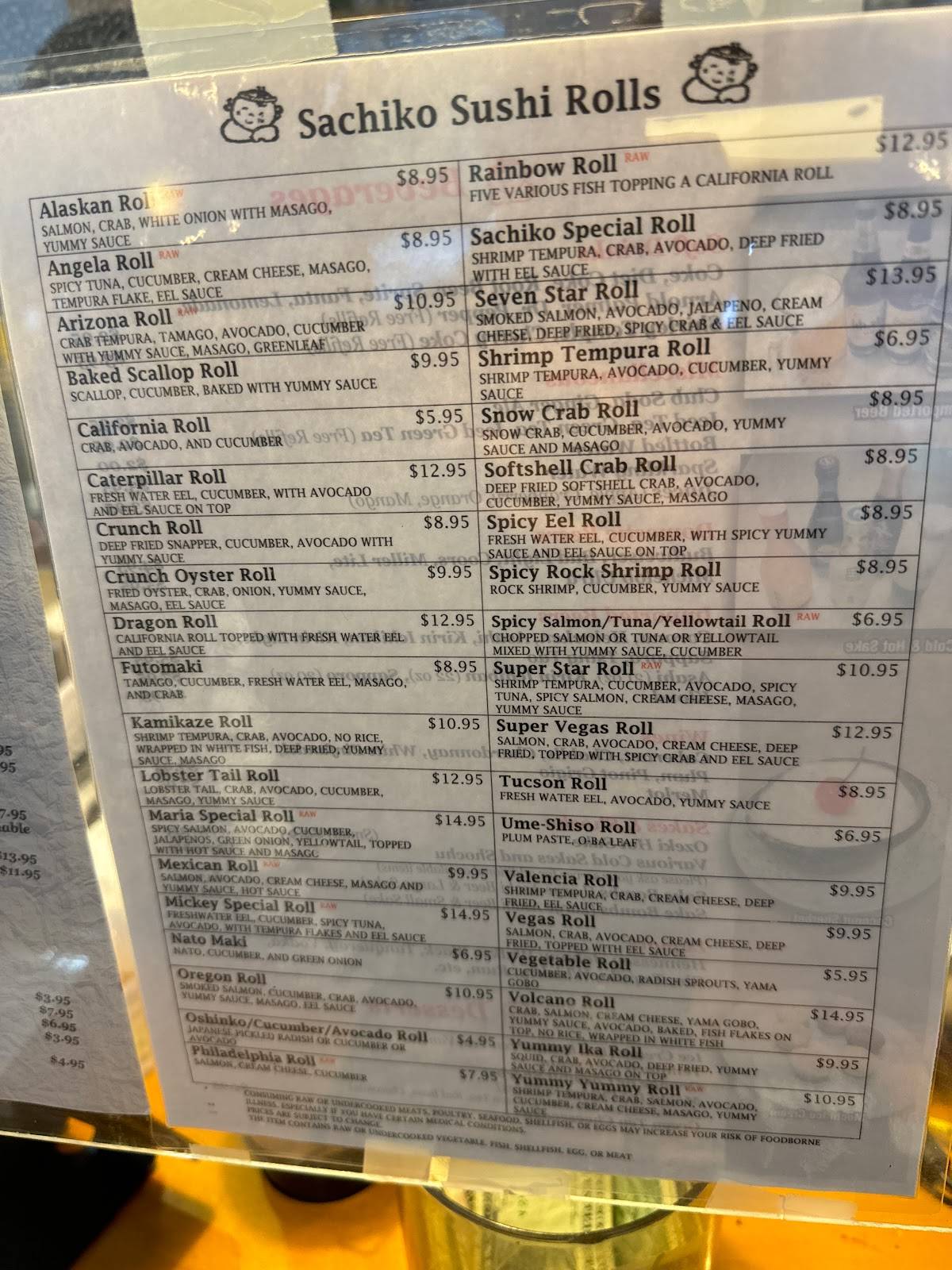 Menu at Sachiko Sushi restaurant, Tucson, E Valencia Rd