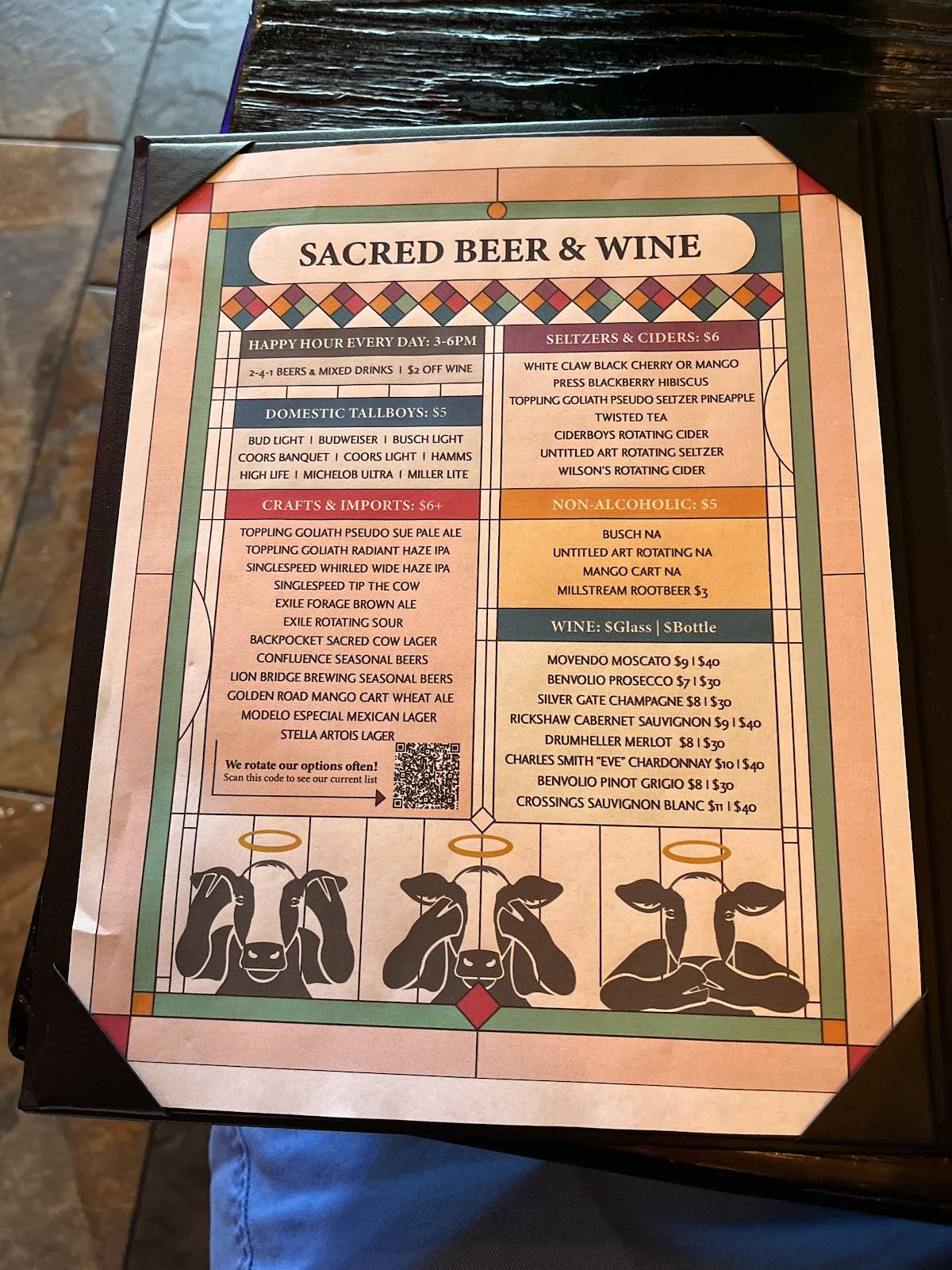 Menu at Sacred Cow Tavern pub & bar, Cedar Rapids
