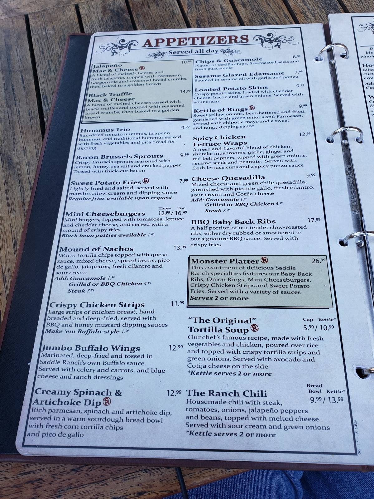 Меню паба и бара Saddle Ranch Chop House, Западный Голливуд, Sunset Blvd
