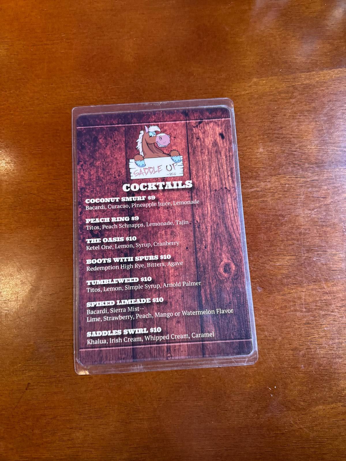 Menu at Saddle Up pub & bar, Eureka Springs