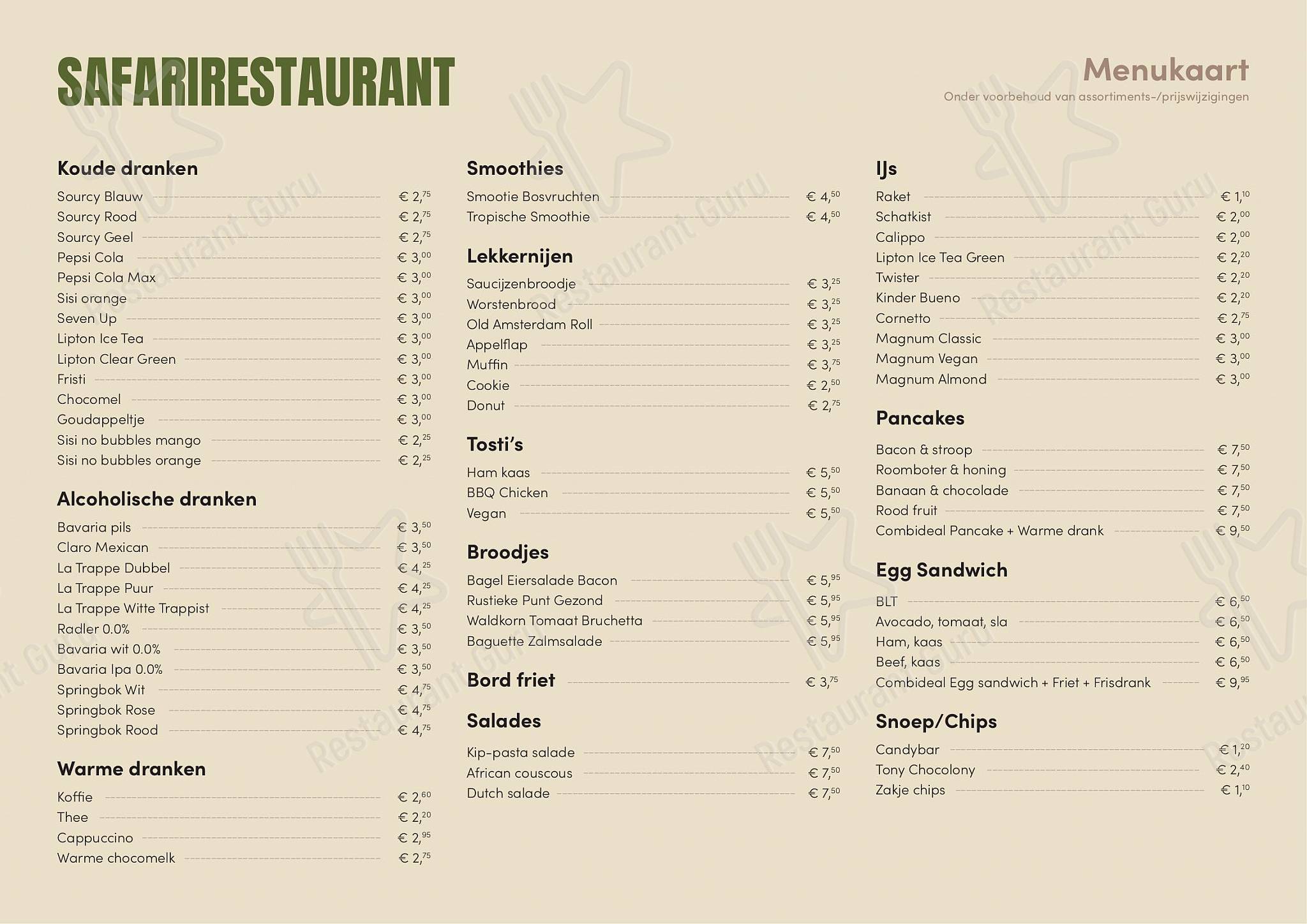 Menu au Safari Restaurant, Hilvarenbeek