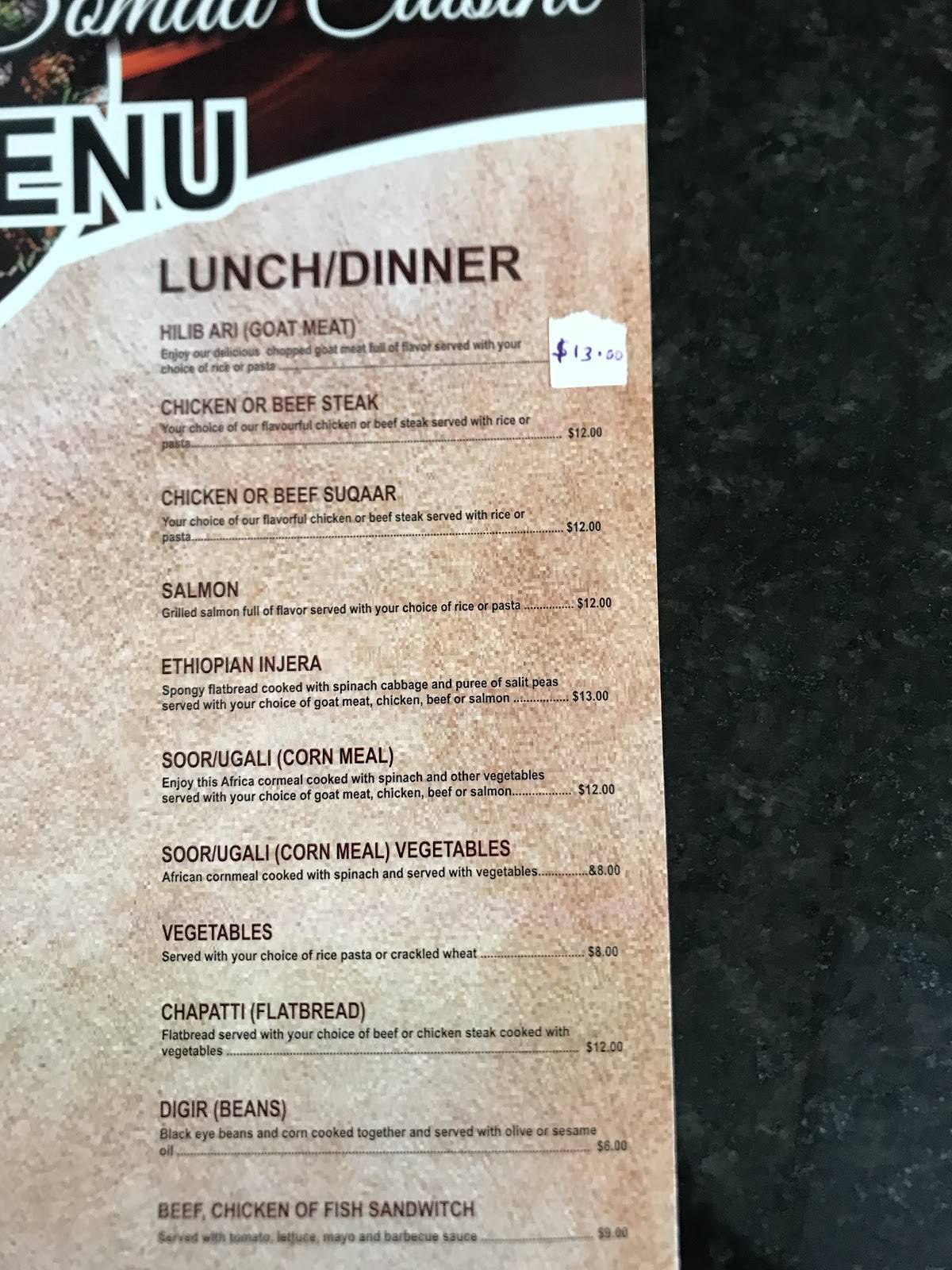 Menu at Safari Somali Cuisine restaurant, Chicago