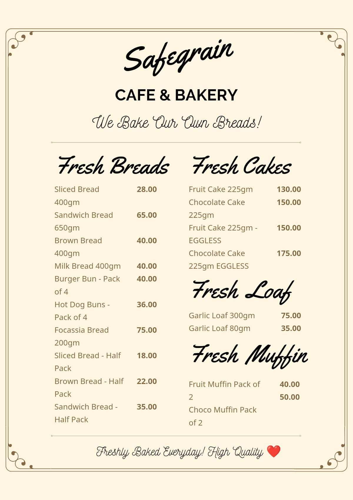 Menu at Safegrain Cafe & Bakery, New Town