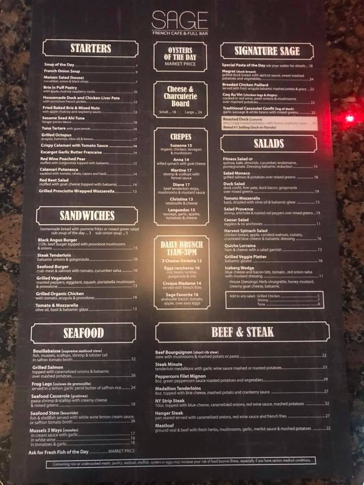 Menu at Sage French Cafe, Fort Lauderdale