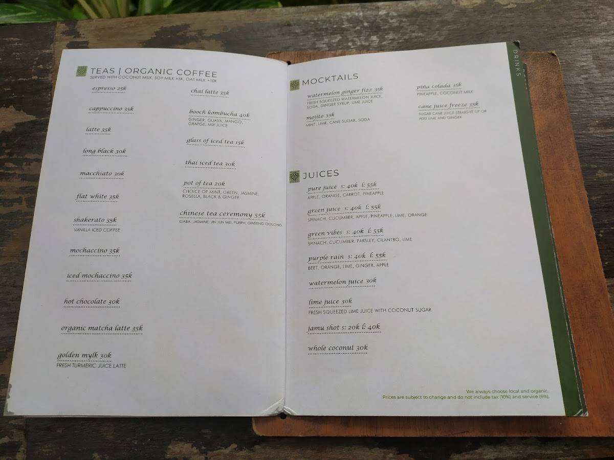 Menu at Sage restaurant, Ubud