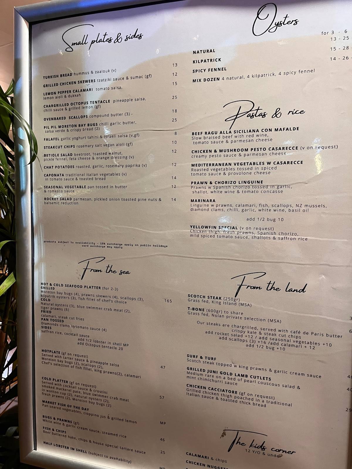 Menu at Sage Yellowfin restaurant, South Brisbane