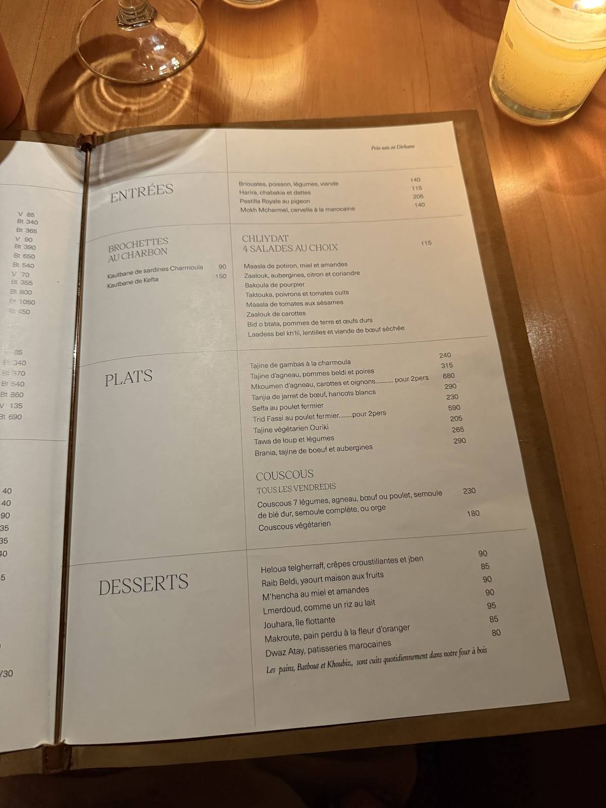 Menu at Sahbi Sahbi restaurant, Marrakesh