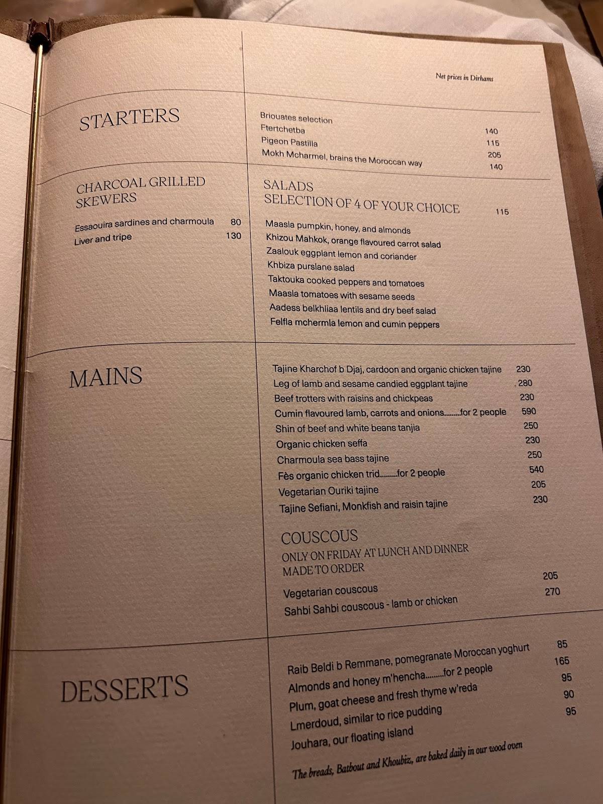 Menu at Sahbi Sahbi restaurant, Marrakesh