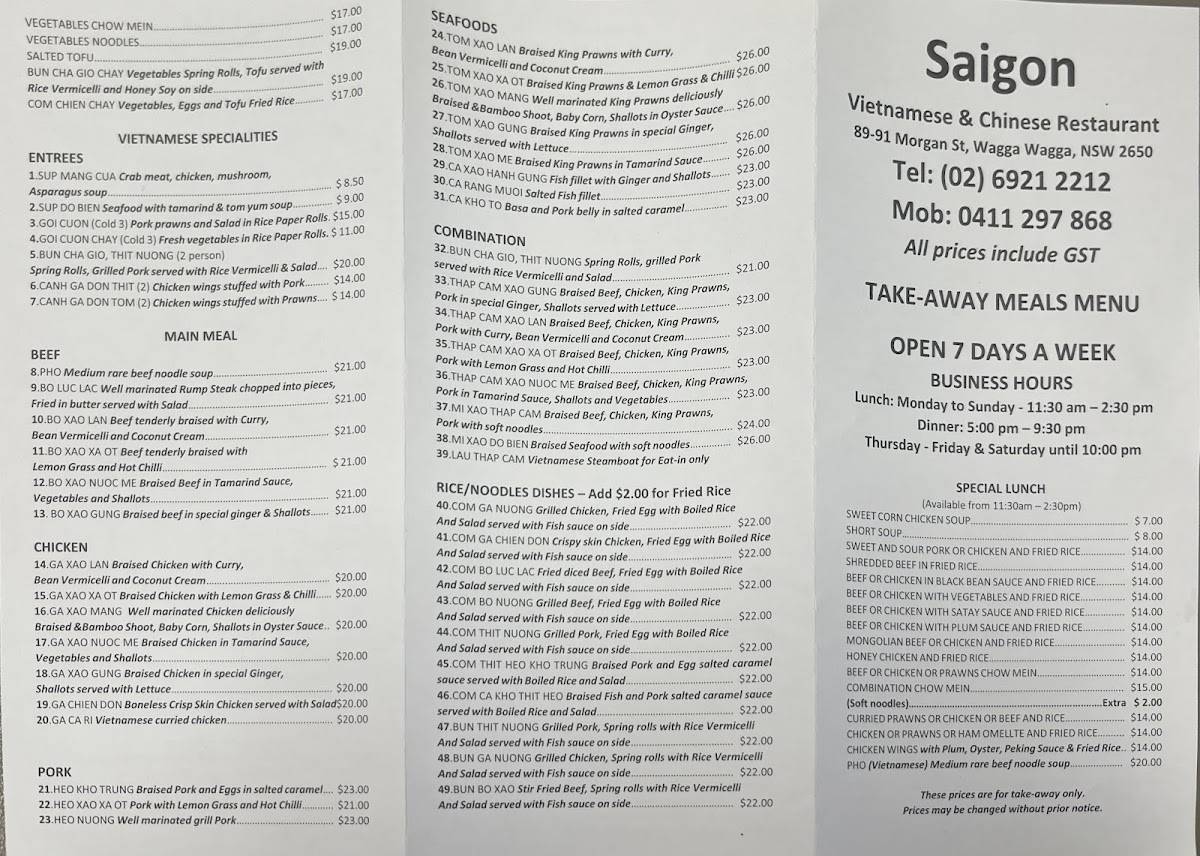 Menu at Saigon Restaurant, Wagga Wagga
