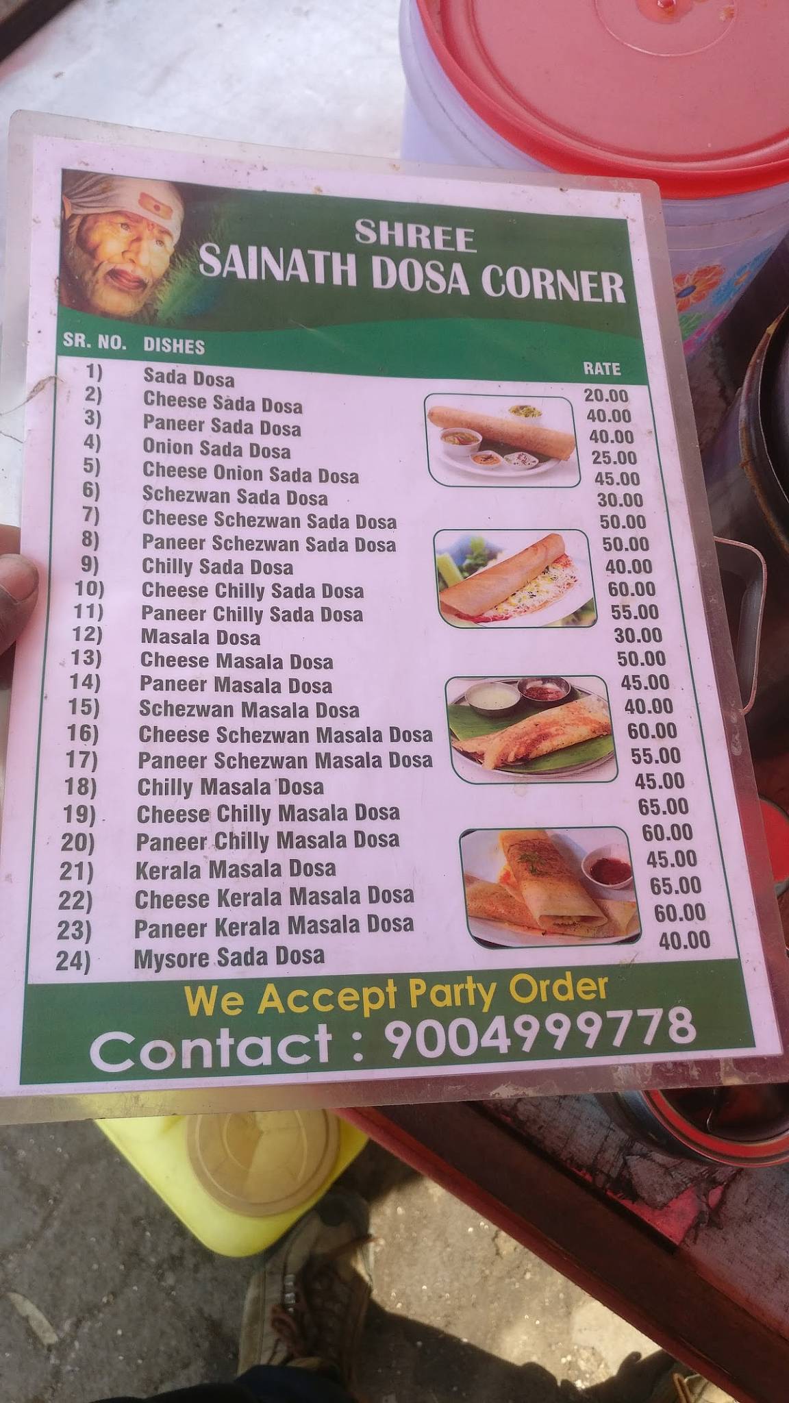 Menu at Sainath Dosa Corner, Mumbai