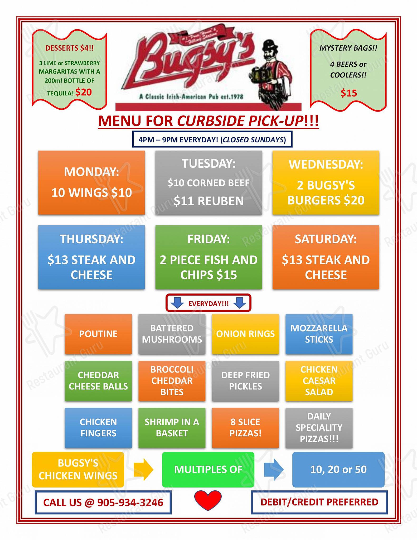 Menu at Bugsy's pub & bar, St. Catharines