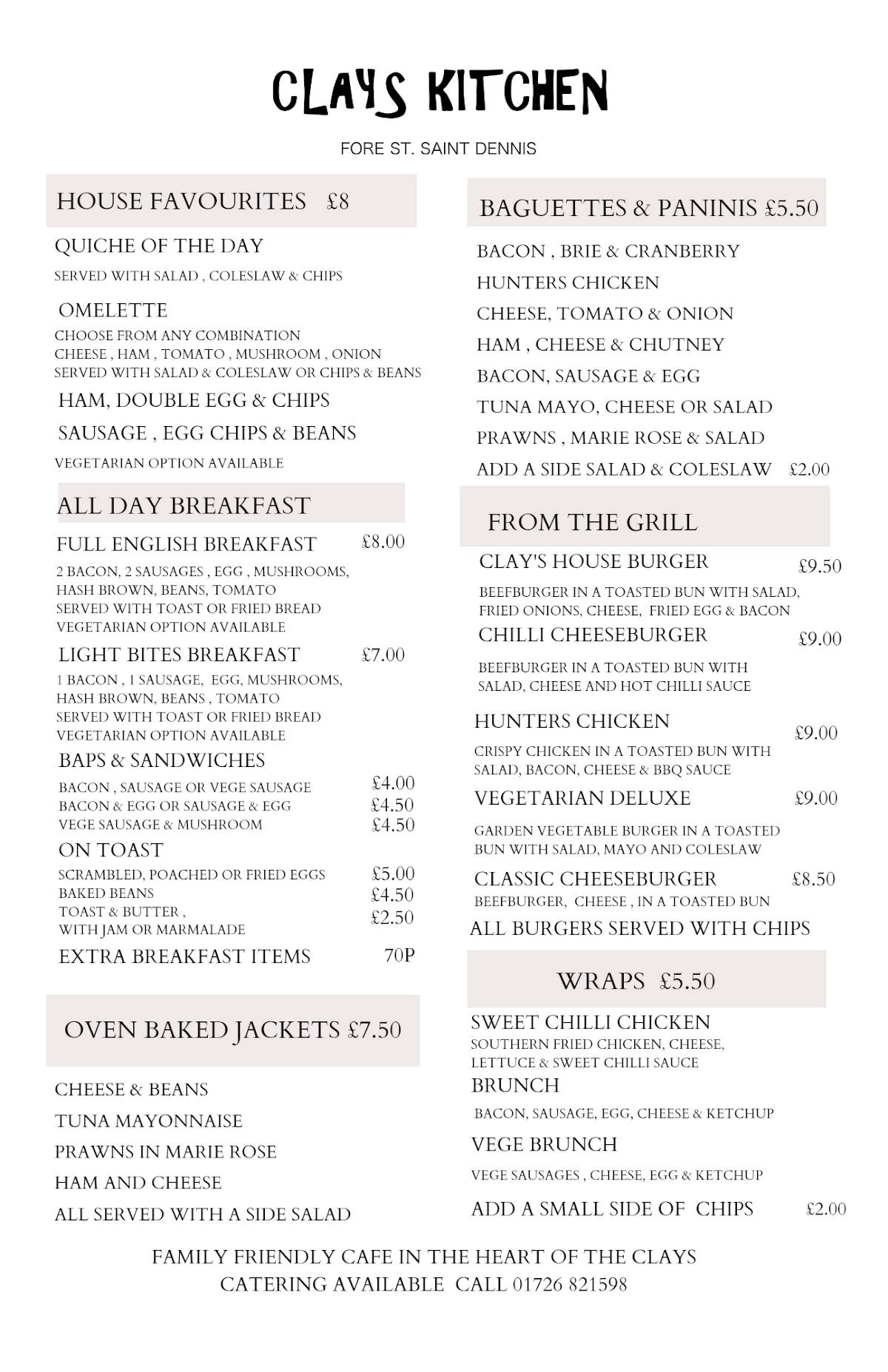 Menu at Clays Kitchen cafe, Saint Dennis