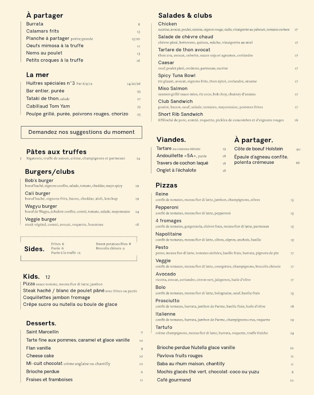 Menu au Chez Bob restaurant, Saint-Palais-sur-Mer