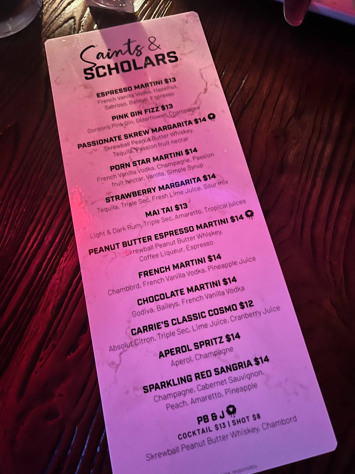 Menu at Saints & Scholars pub & bar, Yonkers