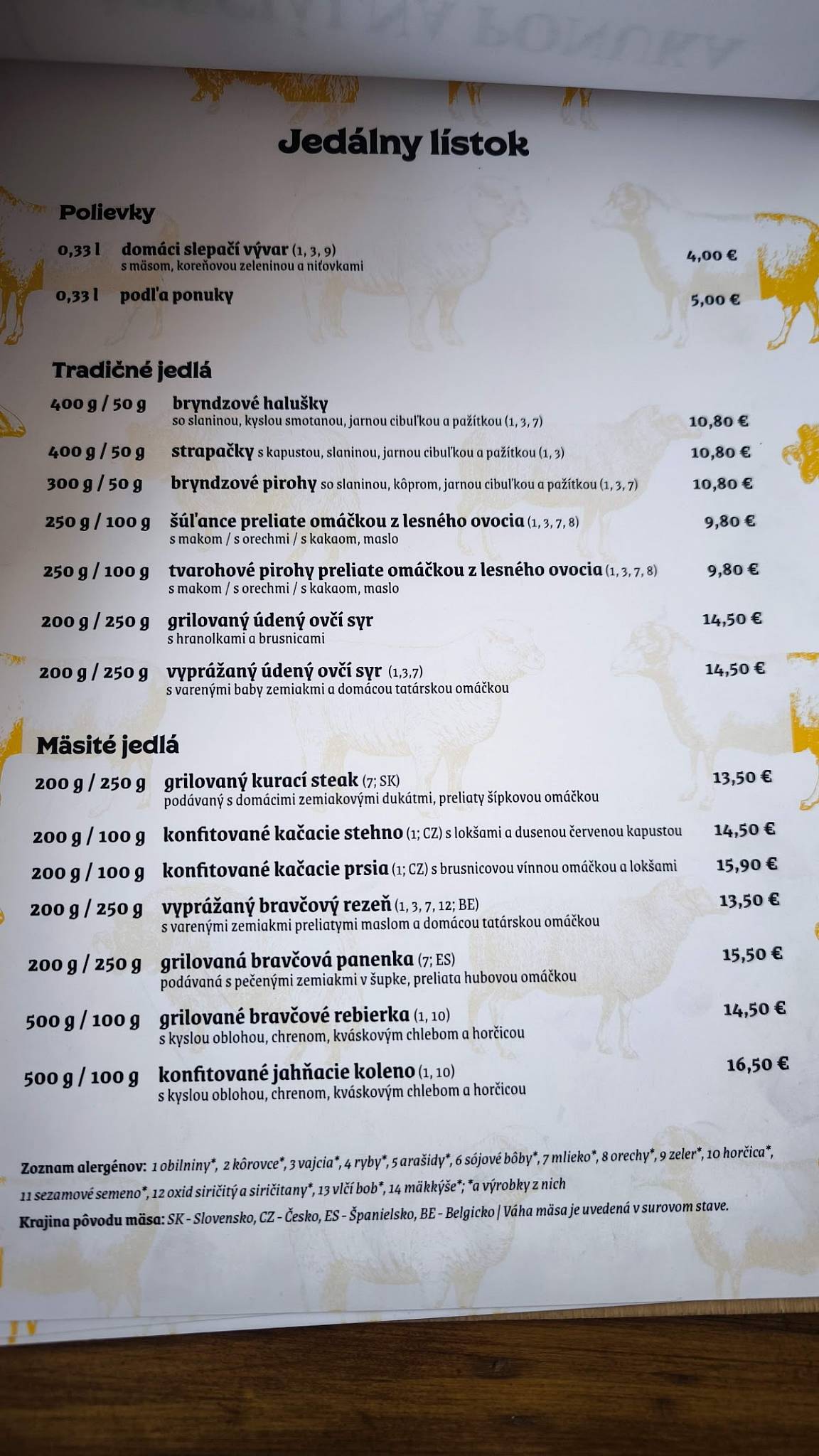 Menu at Salaš Beckov restaurant, Beckov