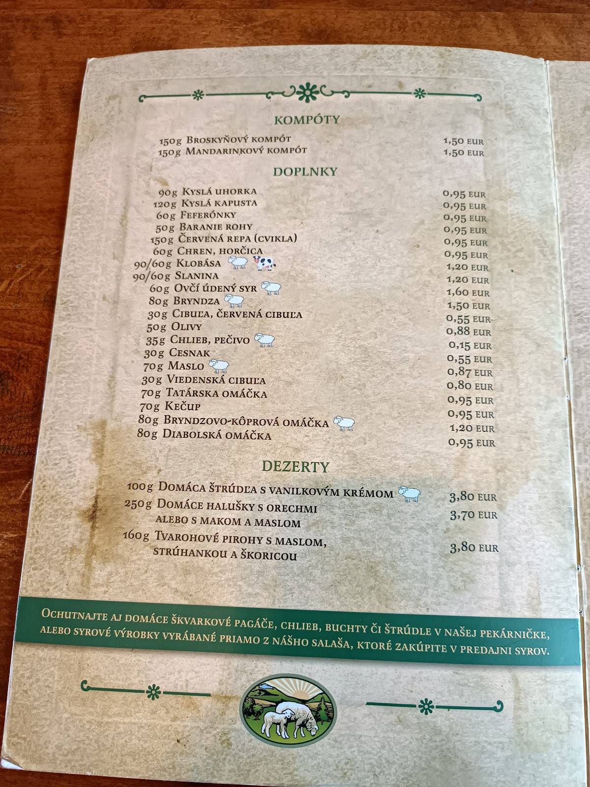 Menu at Salaš Krajinka restaurant, Ružomberok