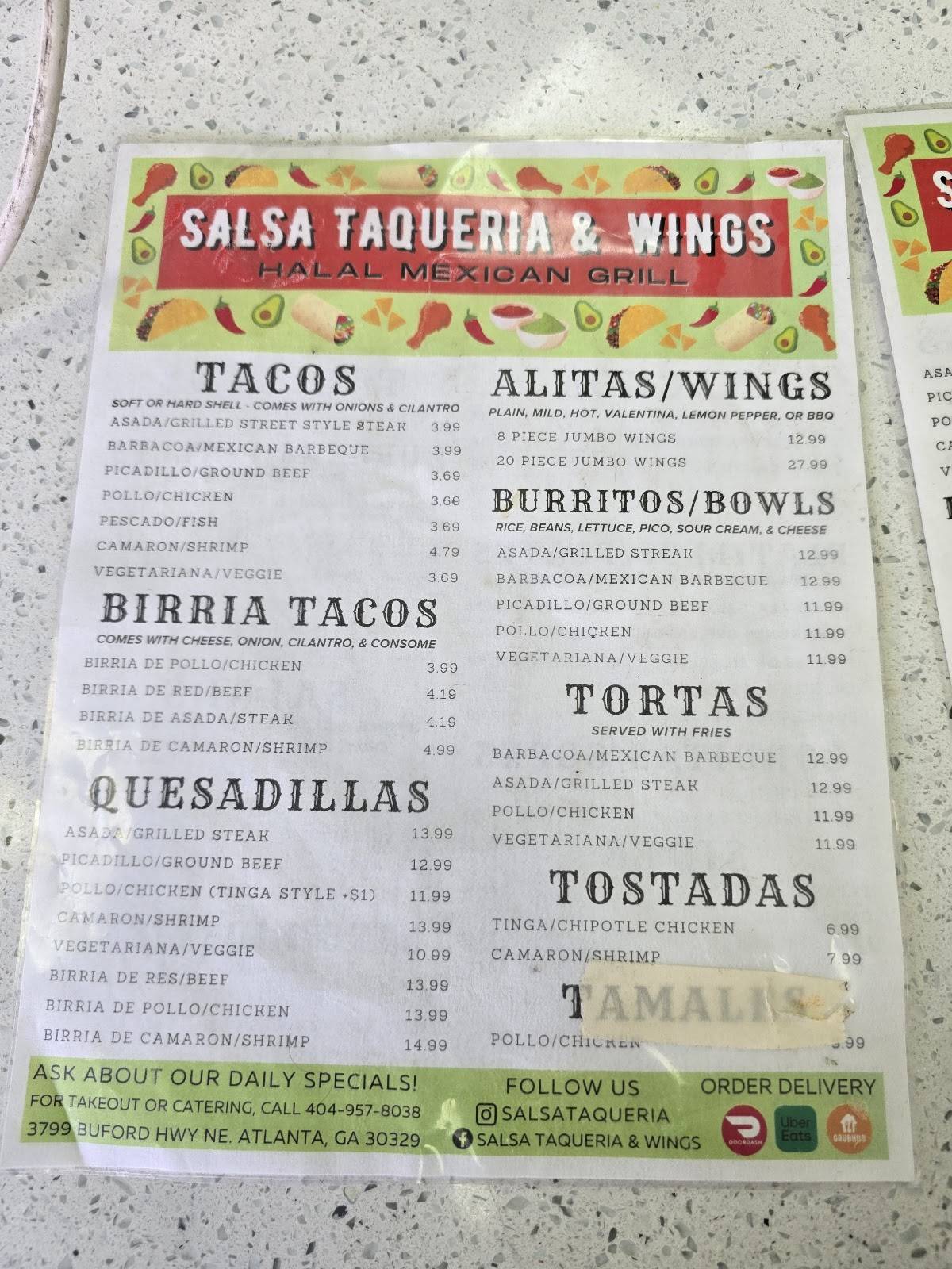 Menu at Salsa Taqueria & Wings restaurant, Atlanta