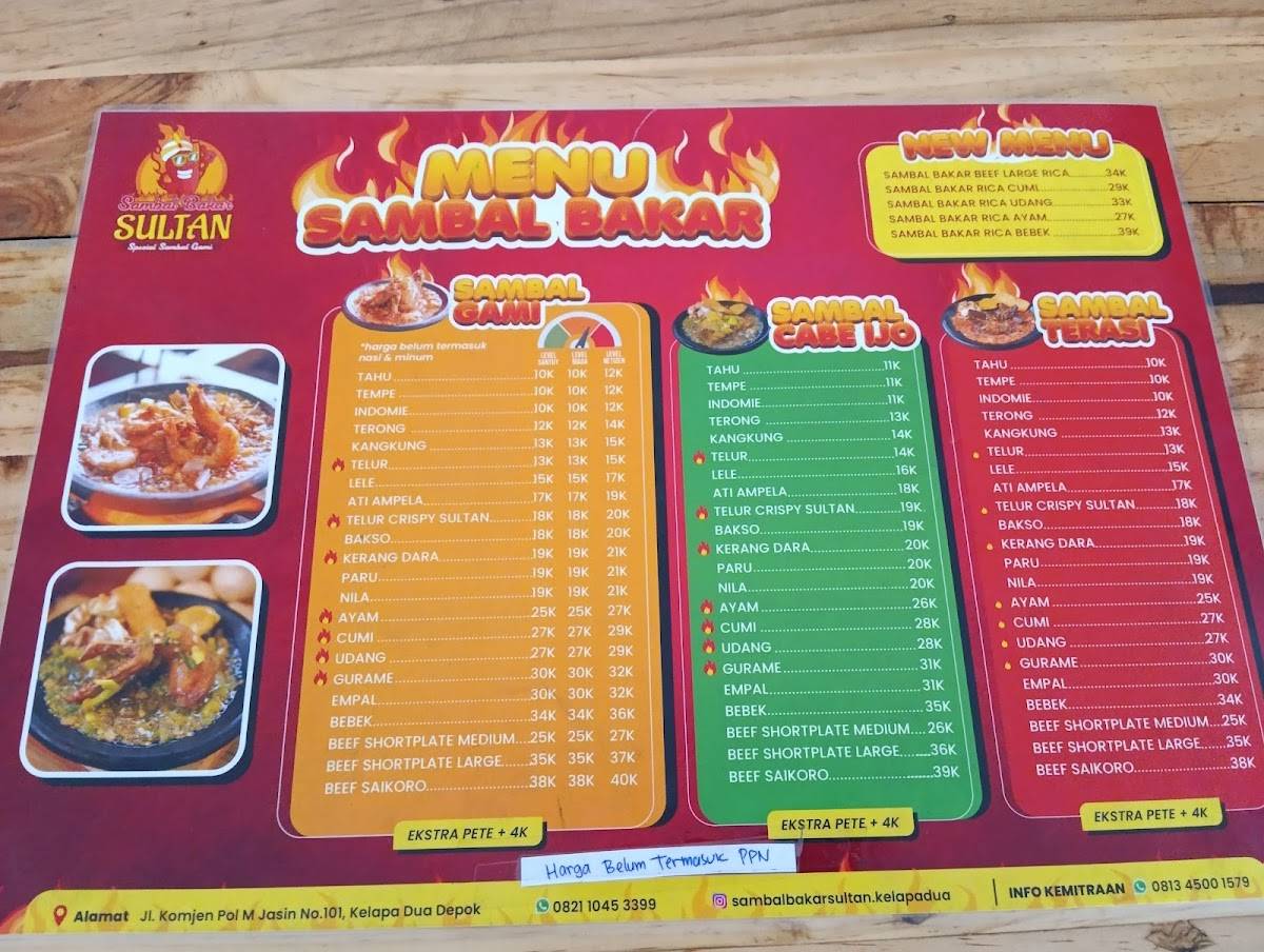 Menu at Sambal Sultan Kelapa Dua restaurant, Depok
