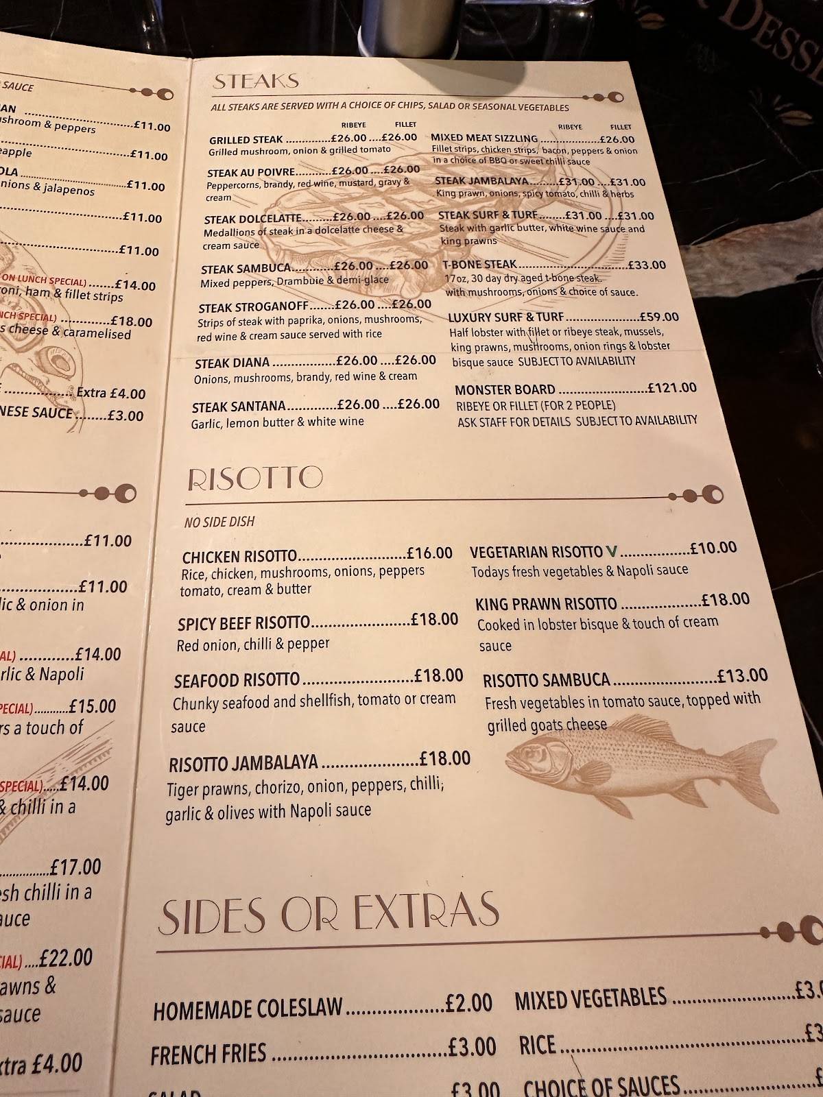 Menu at Sambuca Quayside restaurant, Newcastle upon Tyne
