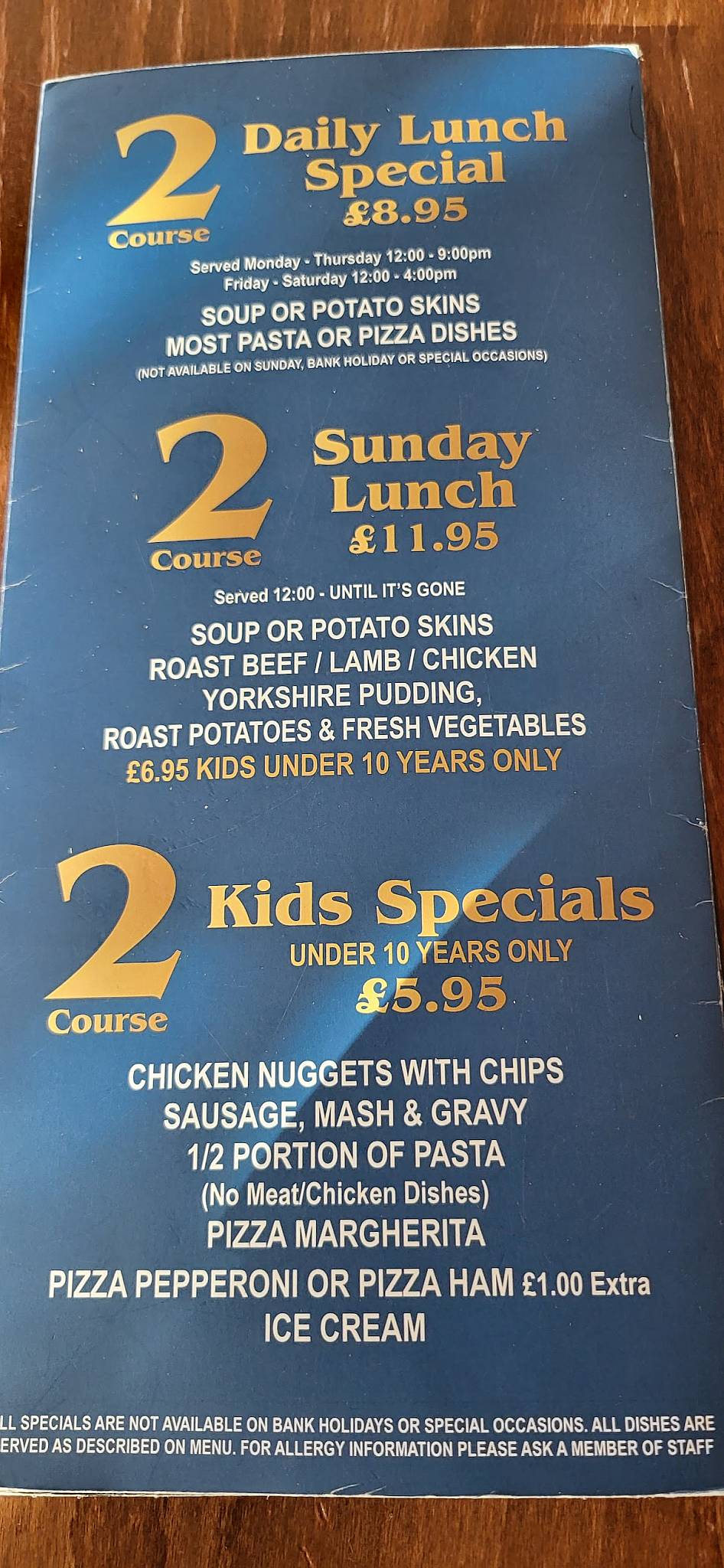 Menu at Sambuca South Shields restaurant, South Shields, The Dunes