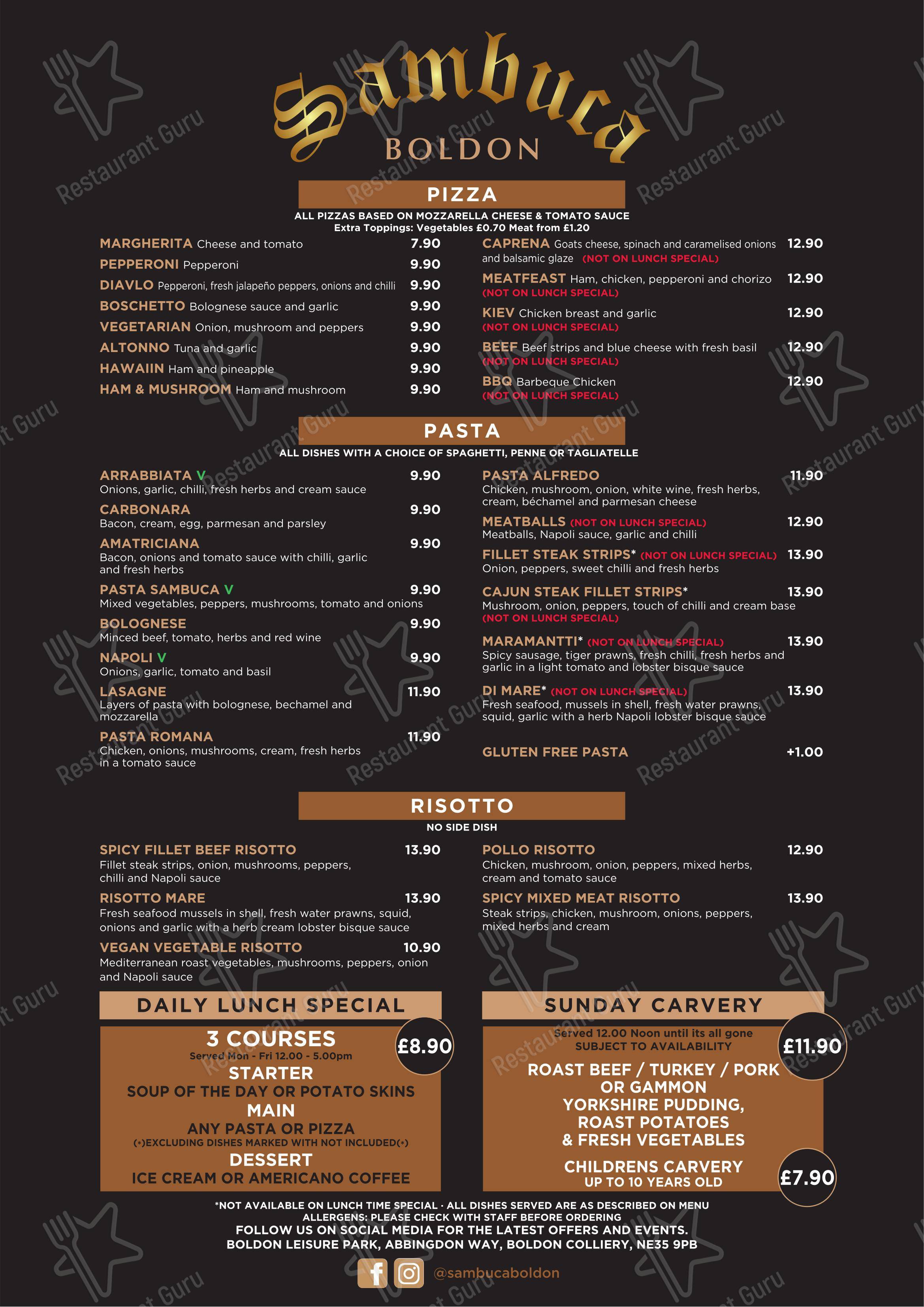 Menu at Sambuca South Shields restaurant, South Shields, The Dunes