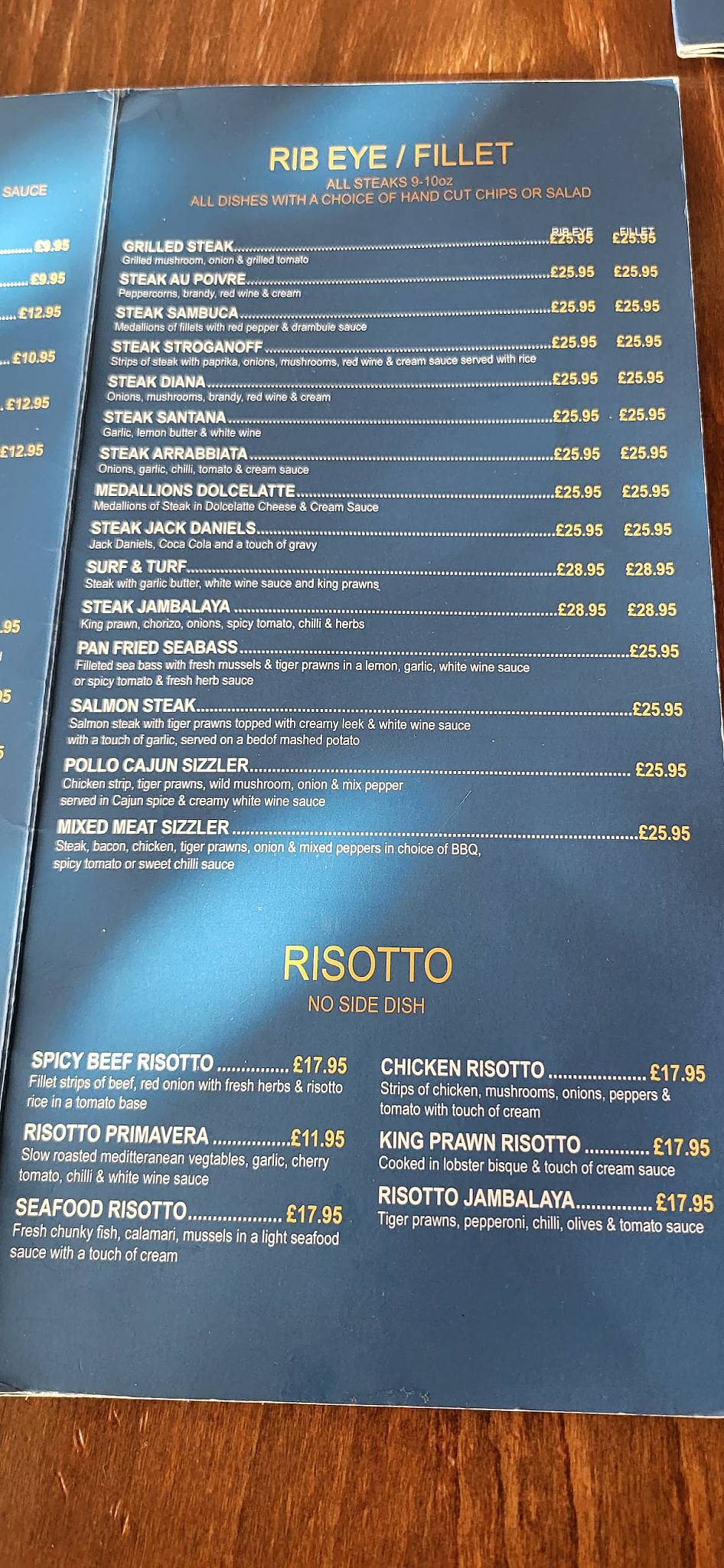 Menu at Sambuca South Shields restaurant, South Shields, The Dunes