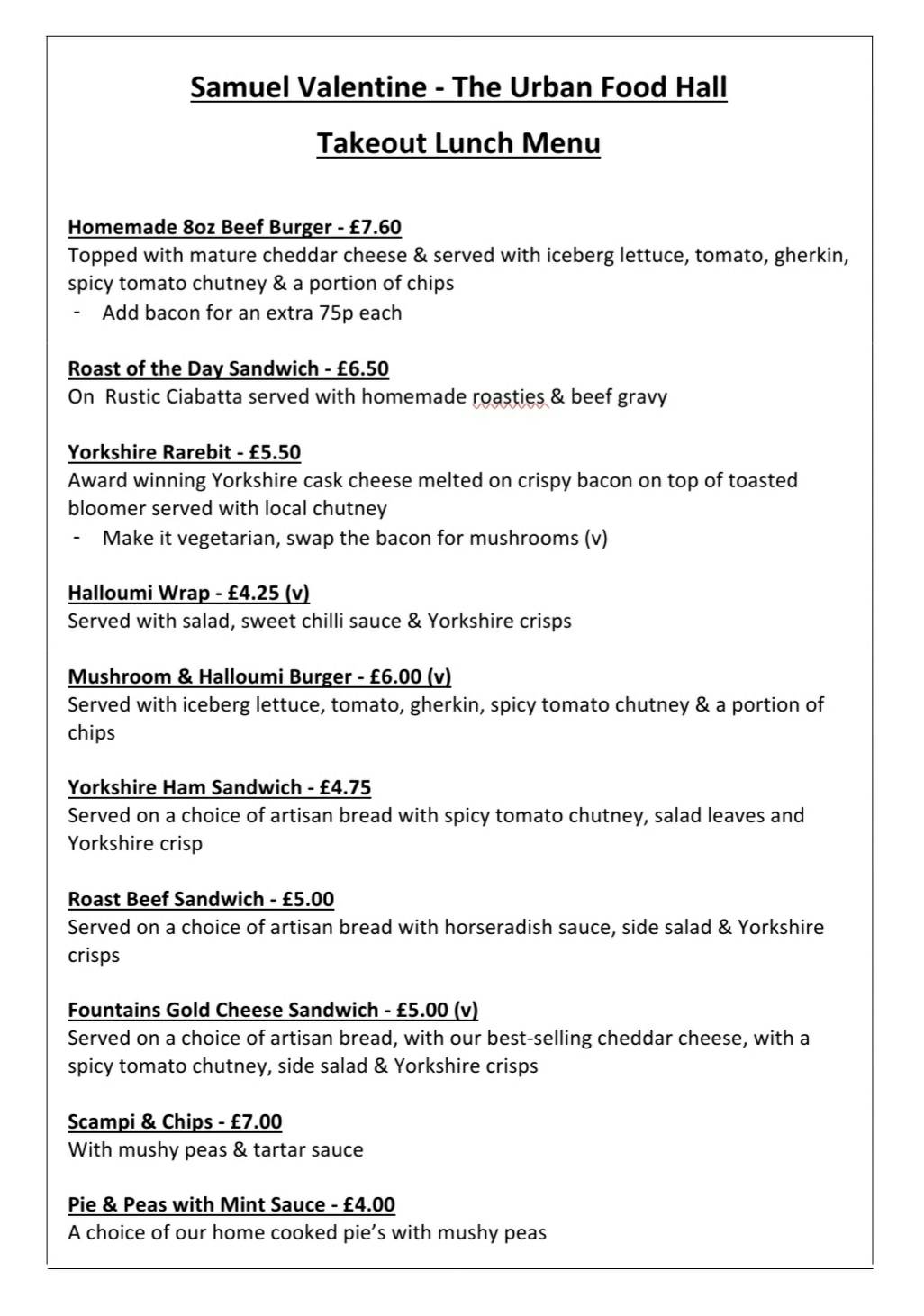 Menu at Samuel Valentine Urban Food Hall cafe, Castleford