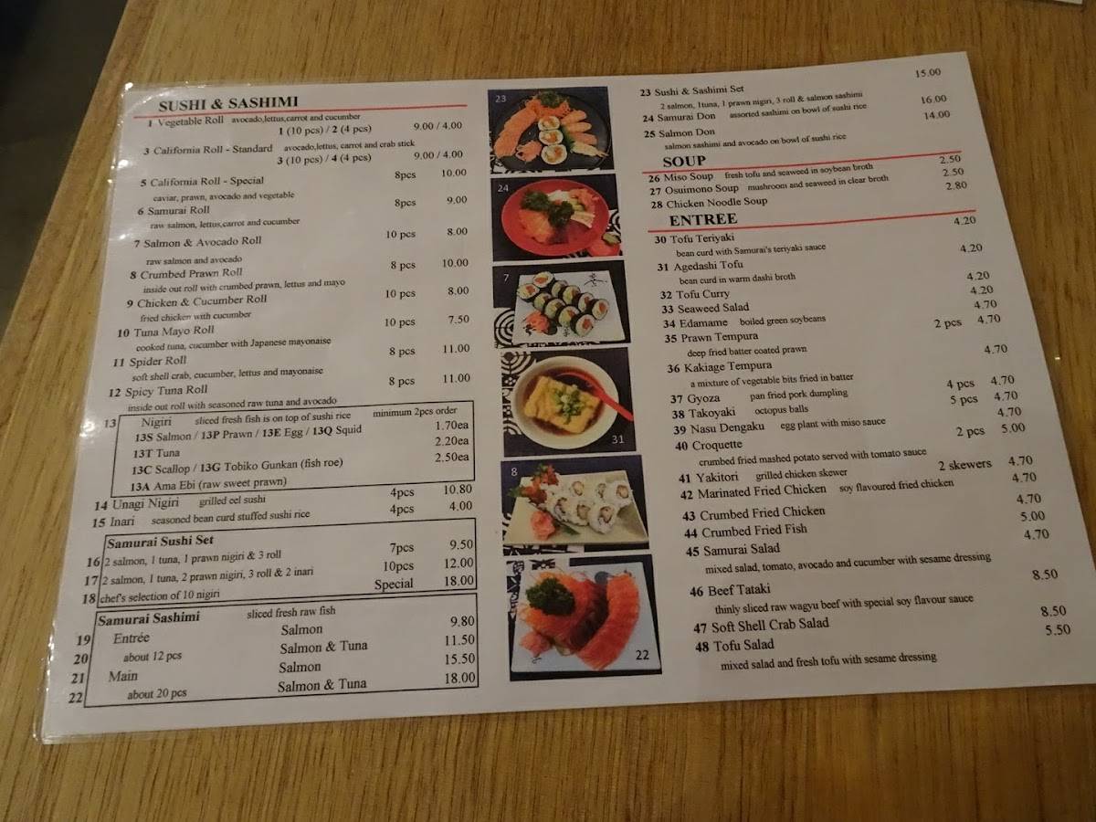 Menu at Samurai restaurant, Hawthorn
