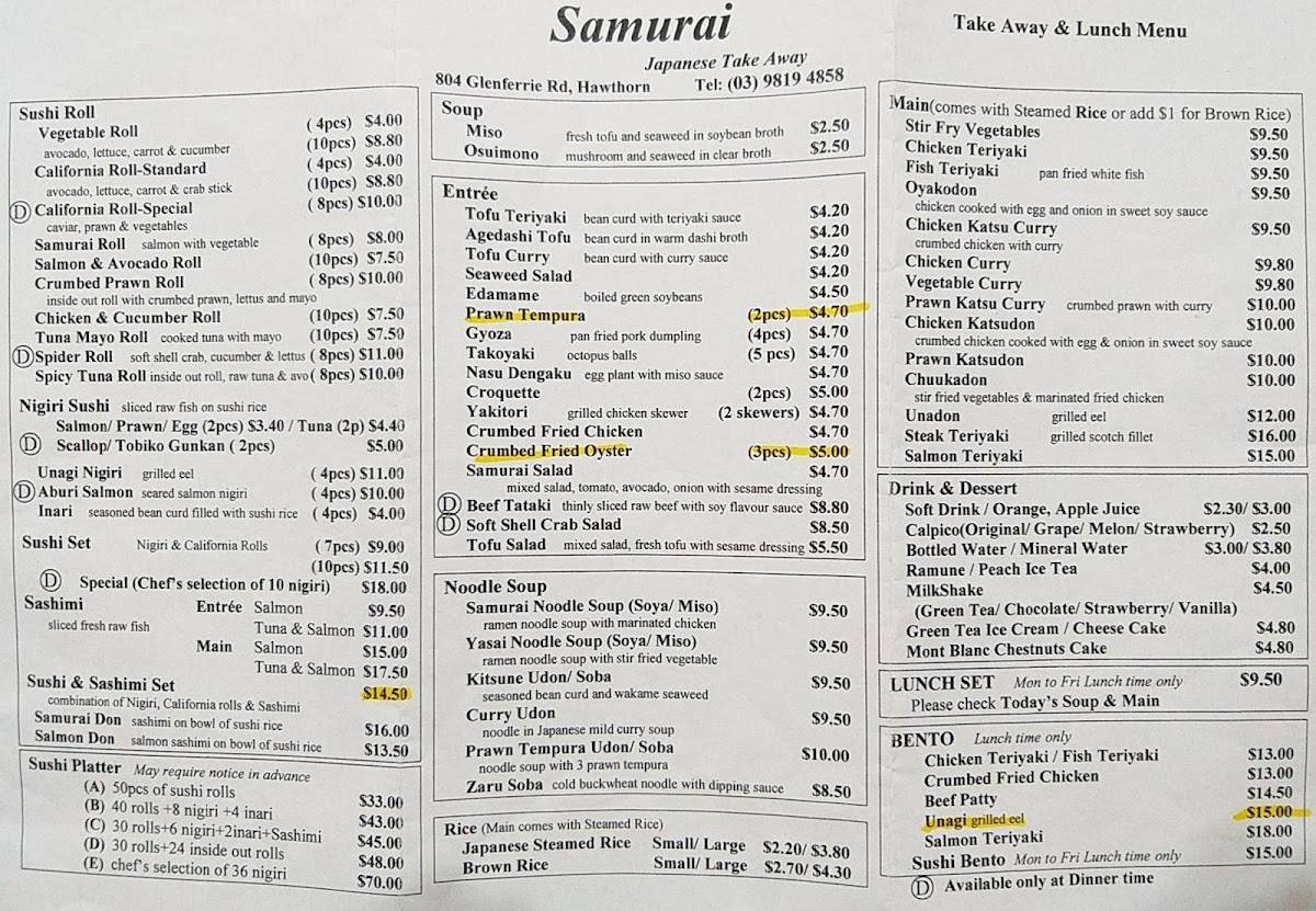 Menu at Samurai restaurant, Hawthorn