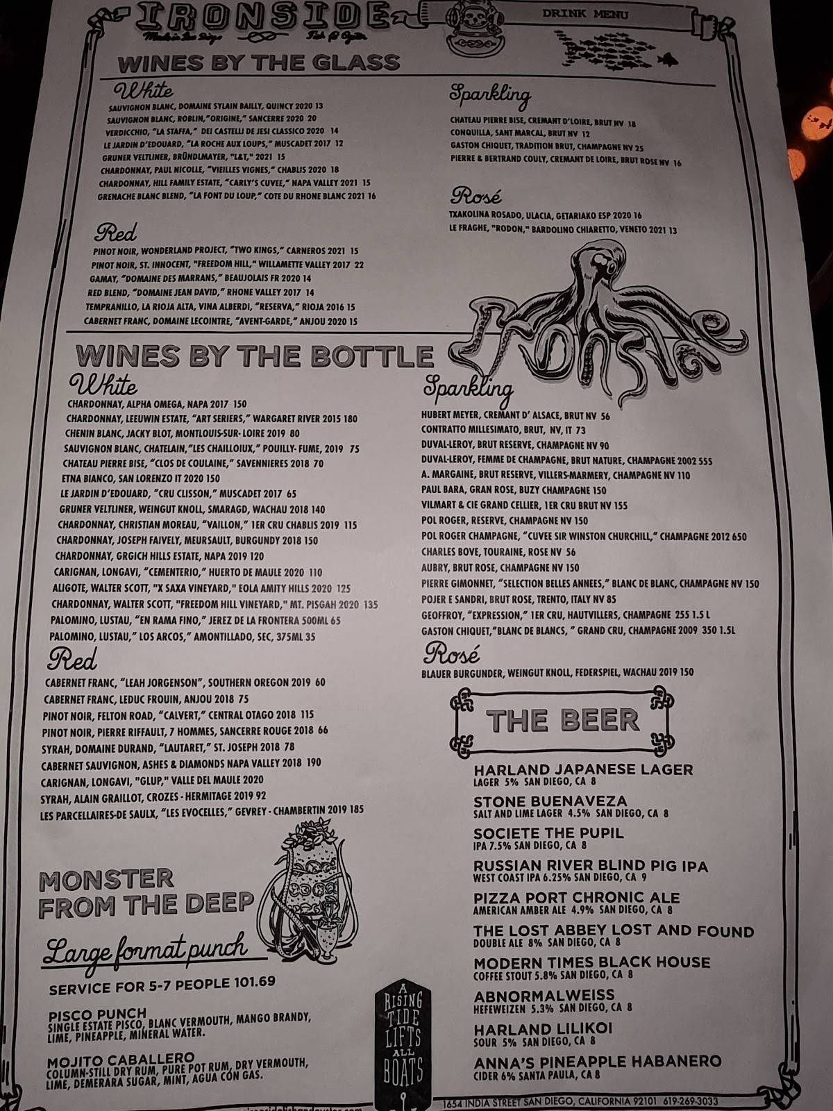 Menu at Ironside Fish & Oyster Bar, San Diego, India St