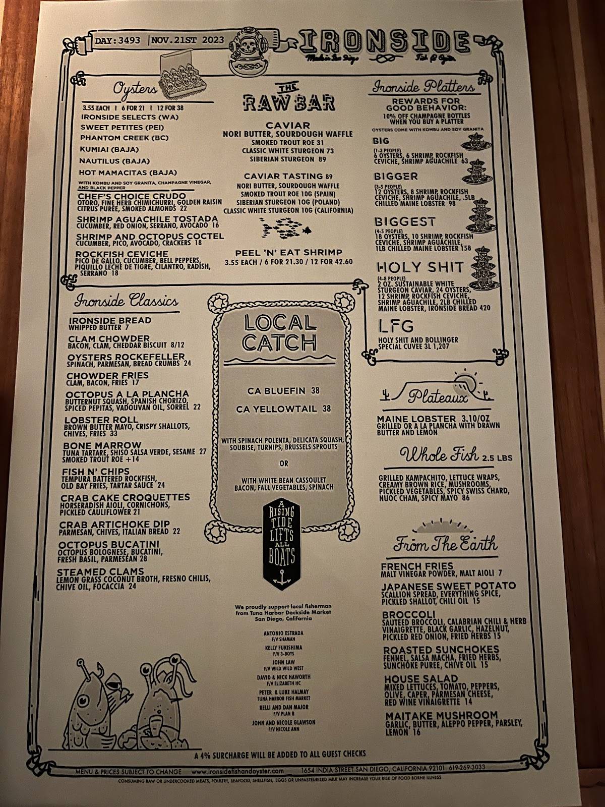 Menu at Ironside Fish & Oyster Bar, San Diego, India St