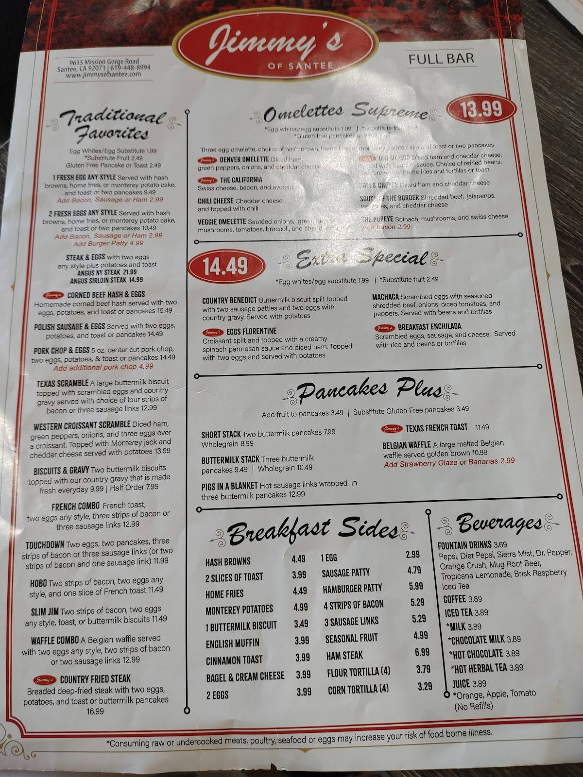 Menu at Jimmy's of Santee restaurant, Santee, Mission Gorge Rd