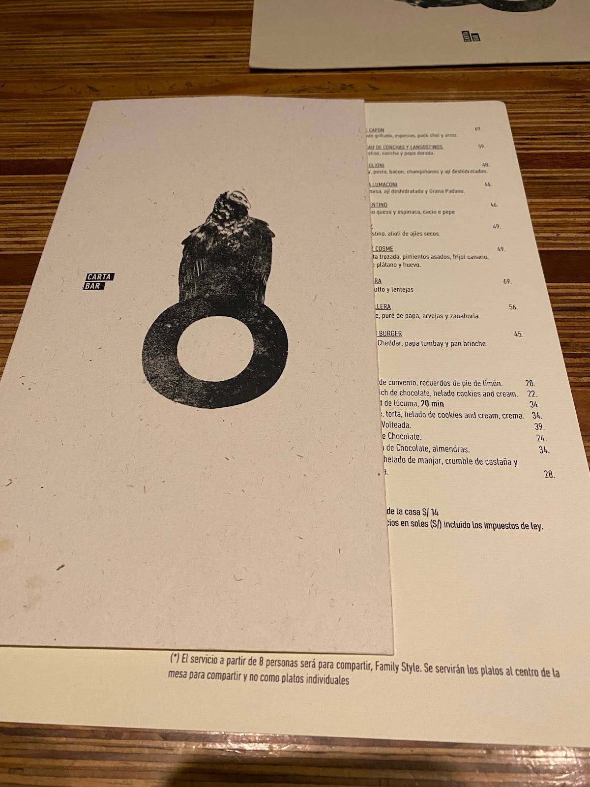 Carta de Cosme Restaurante y Bar, San Isidro