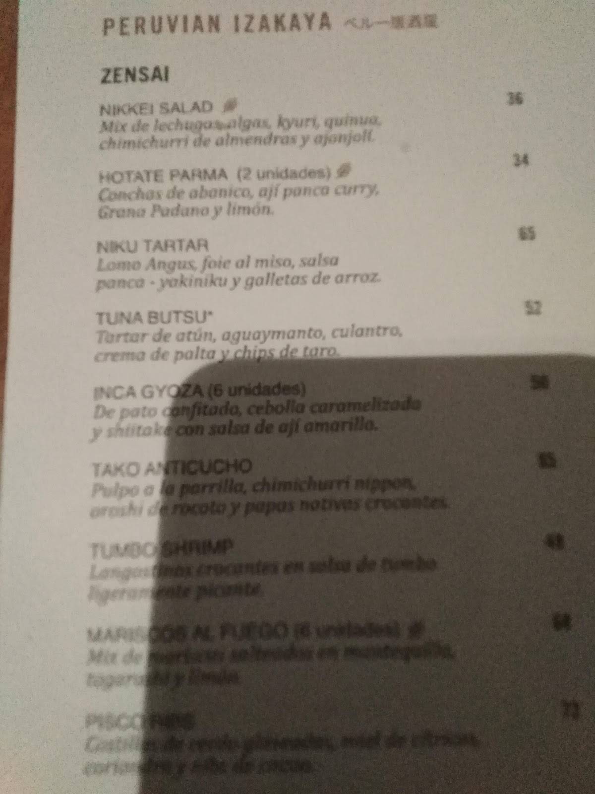Carta del restaurante Osaka, San Isidro, Felipe