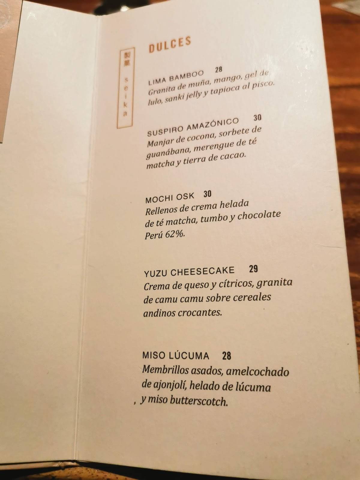 Carta del restaurante Osaka, San Isidro, Felipe