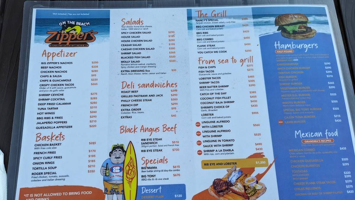 Menu at Zipper's Bar and Grill, San José del Cabo, Carr ...