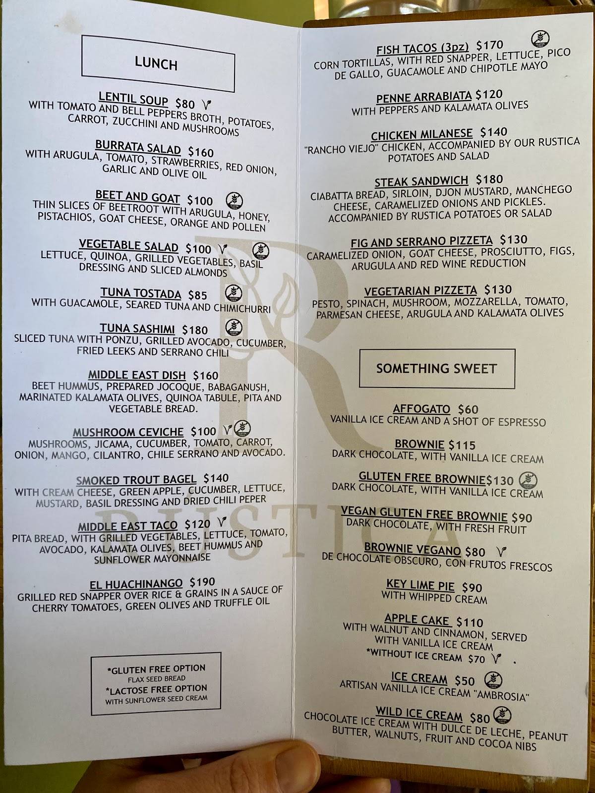 Menu at Rustica restaurant, San Miguel de Allende