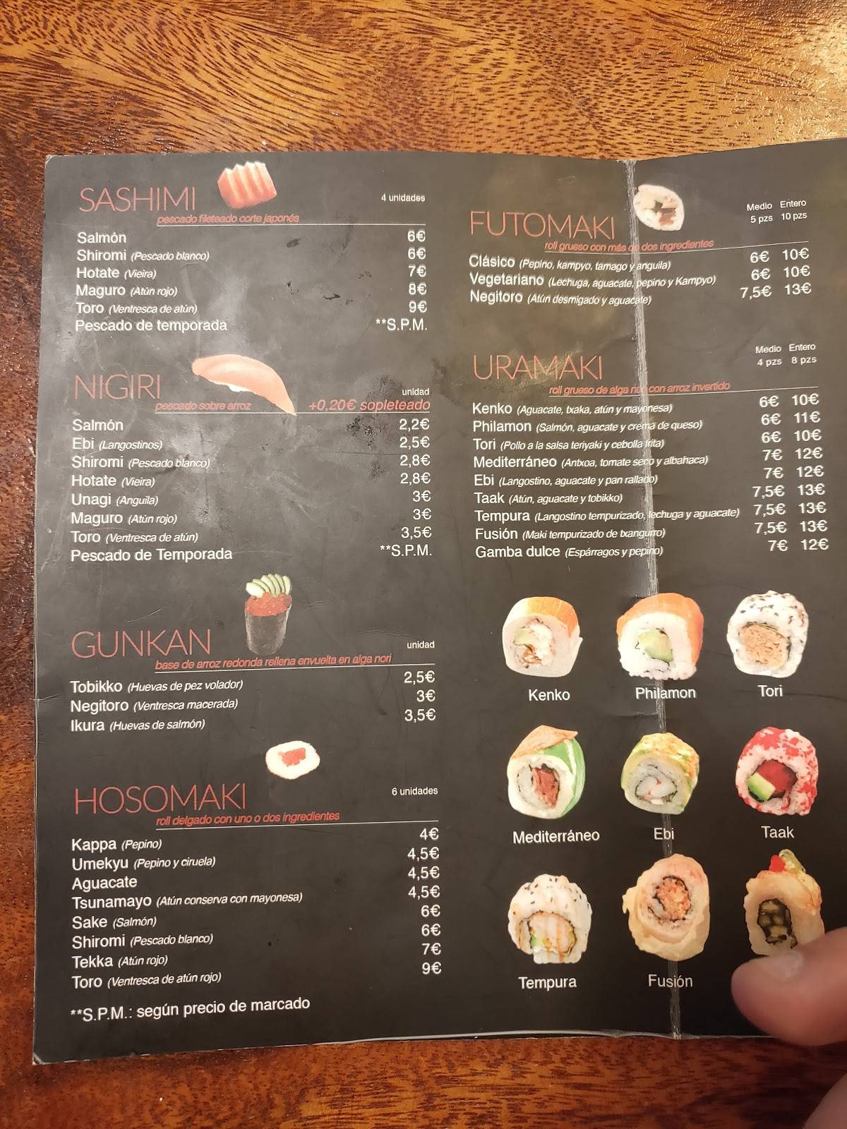 Carta de Kenji Sushi Bar Calle Mayor, San Sebastián