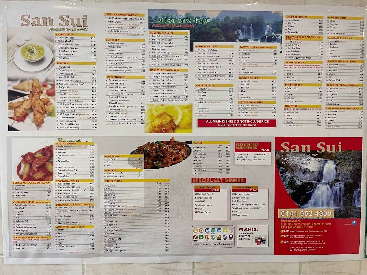 Carta de comida rápida San Sui Chinese Takeaway, Glasgow