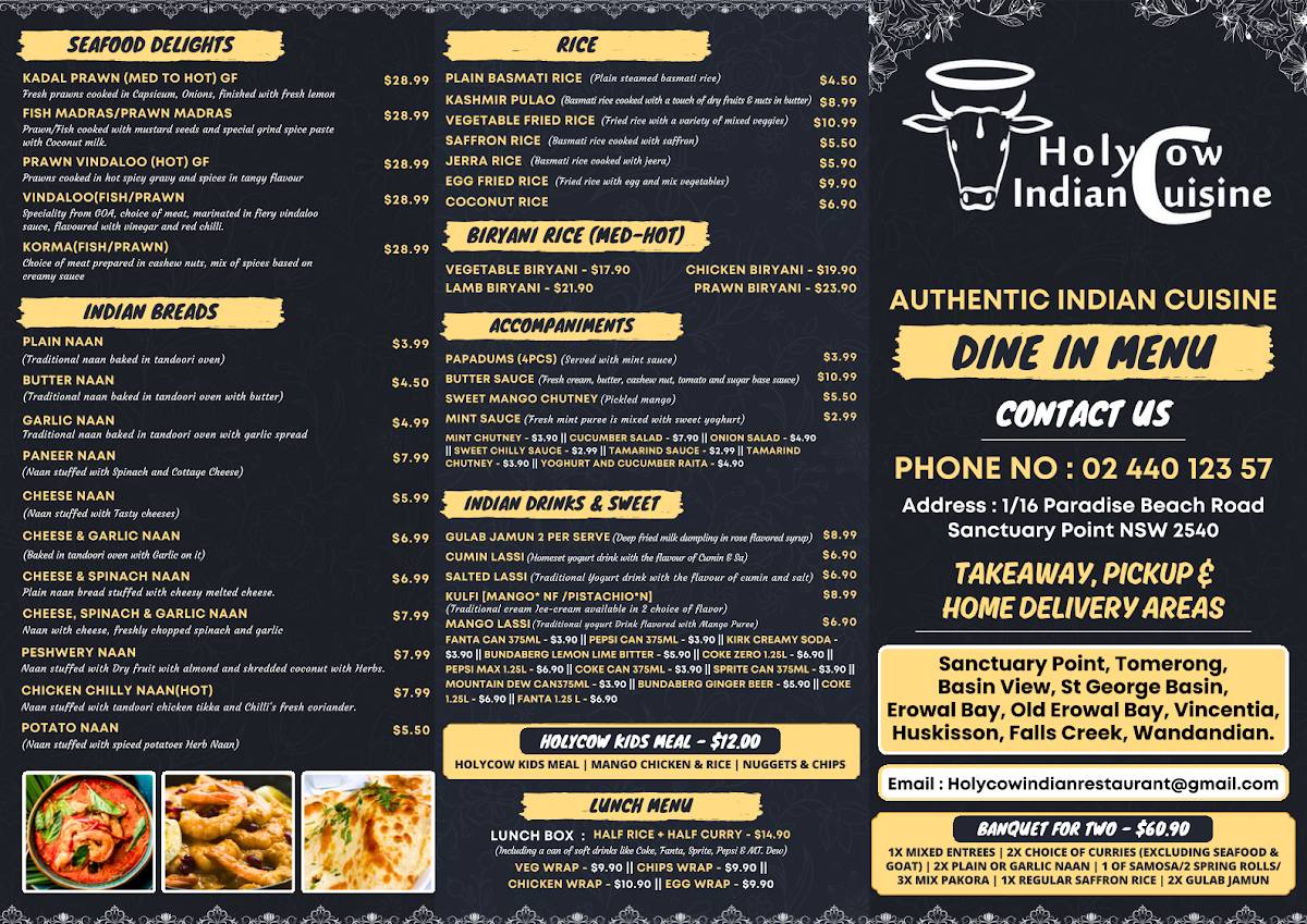 Menu at Holy Cow Indian Cuisine restaurant, Sanctuary Point