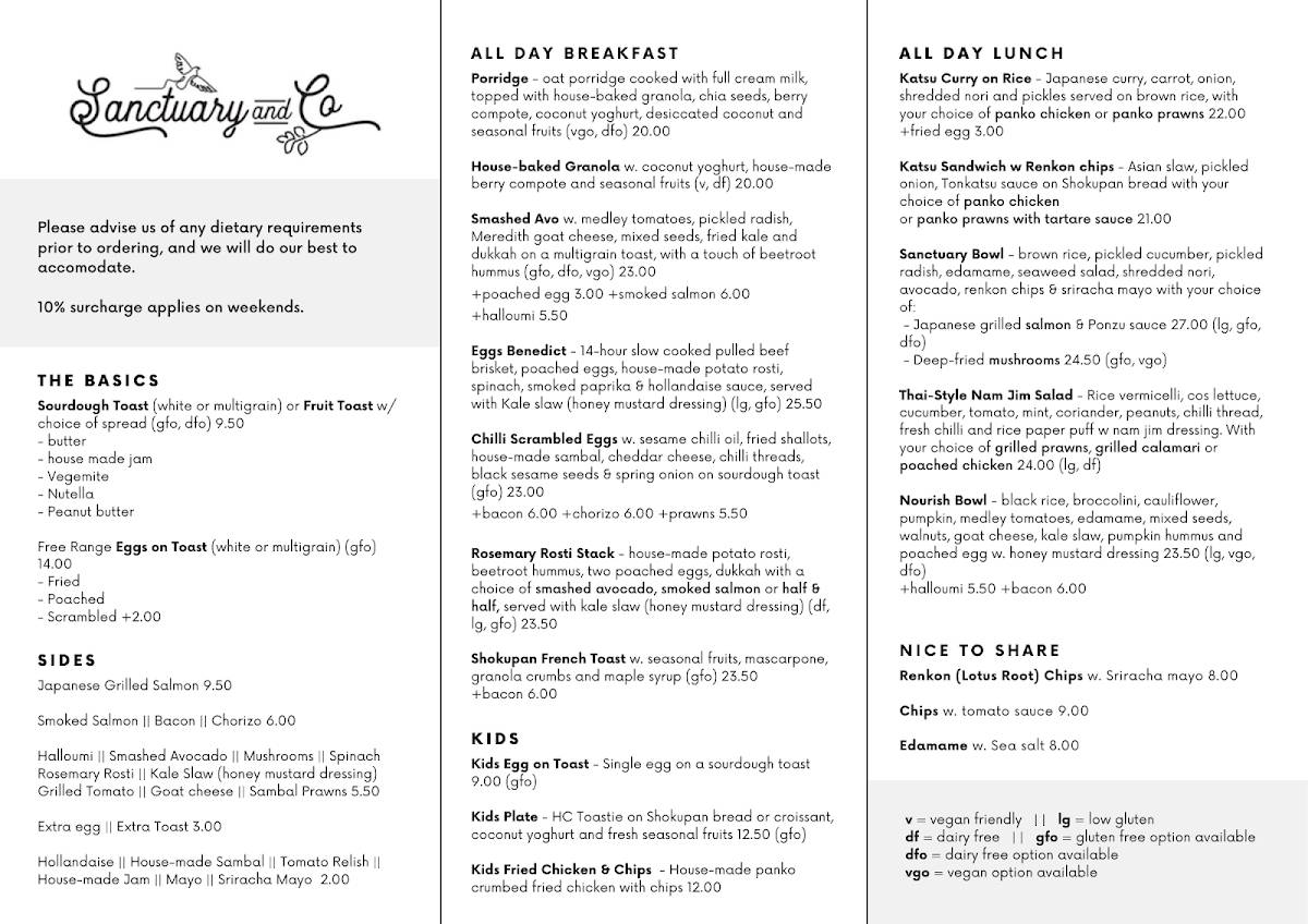 Menu at Sanctuary & Co cafe, Hawthorn