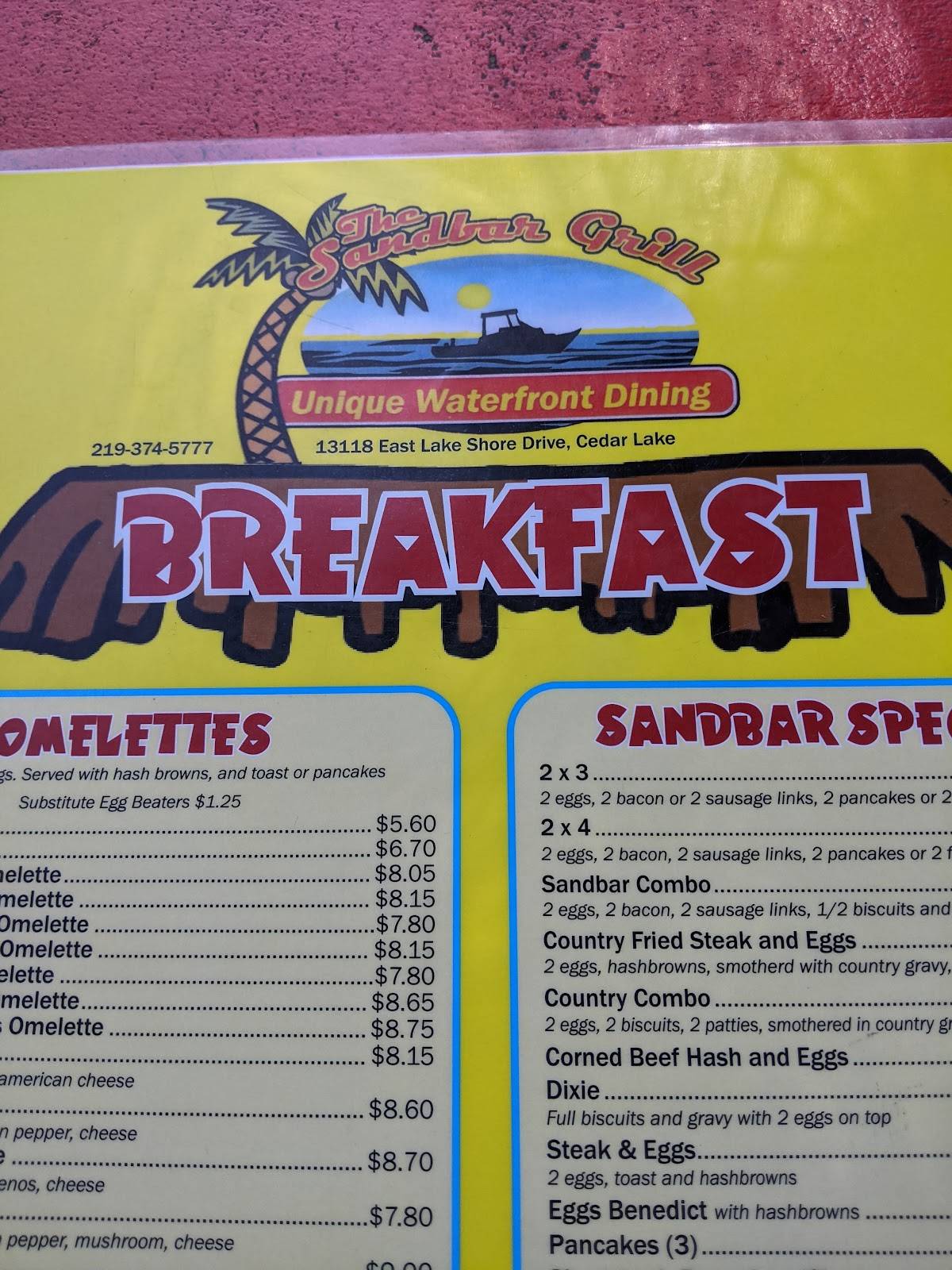 Menu at The Sandbar Grill, Cedar Lake