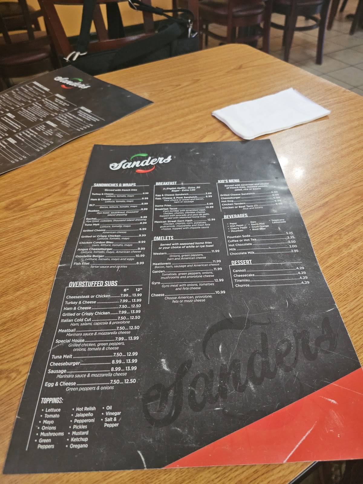 Menu at Sander's pizzeria, Fairfield