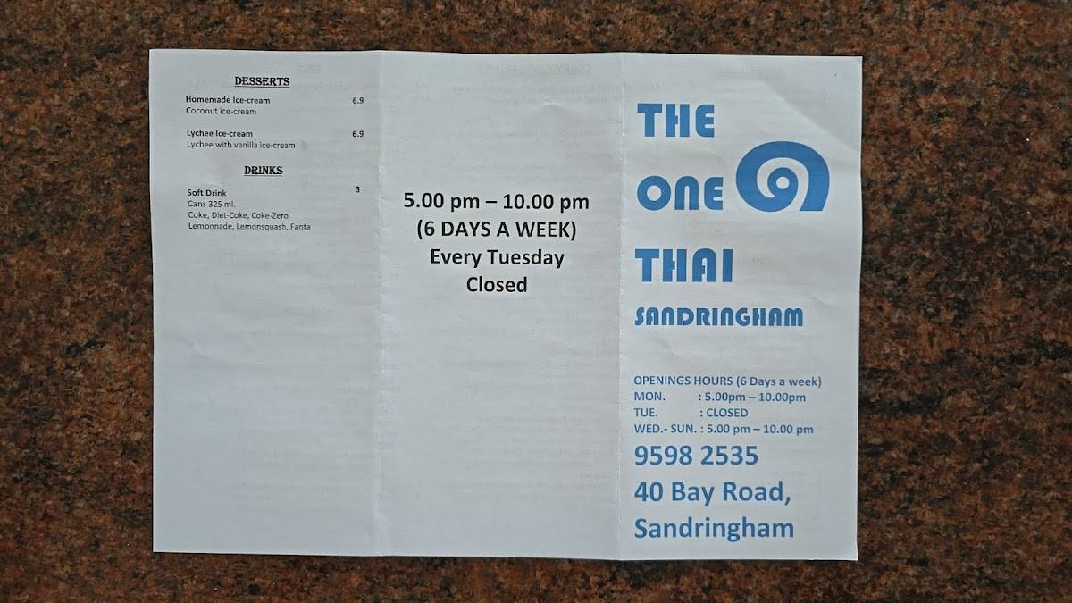 Menu at The One Thai restaurant, Sandringham