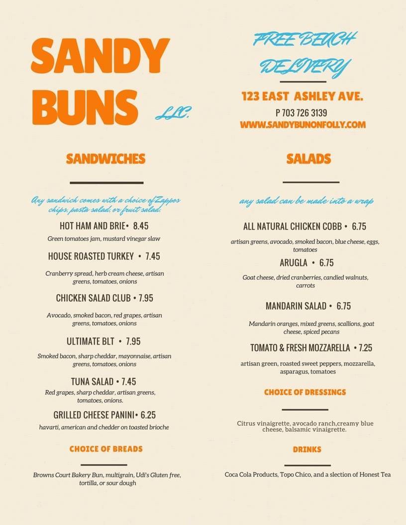 Menu at Sandy Buns, Folly Beach